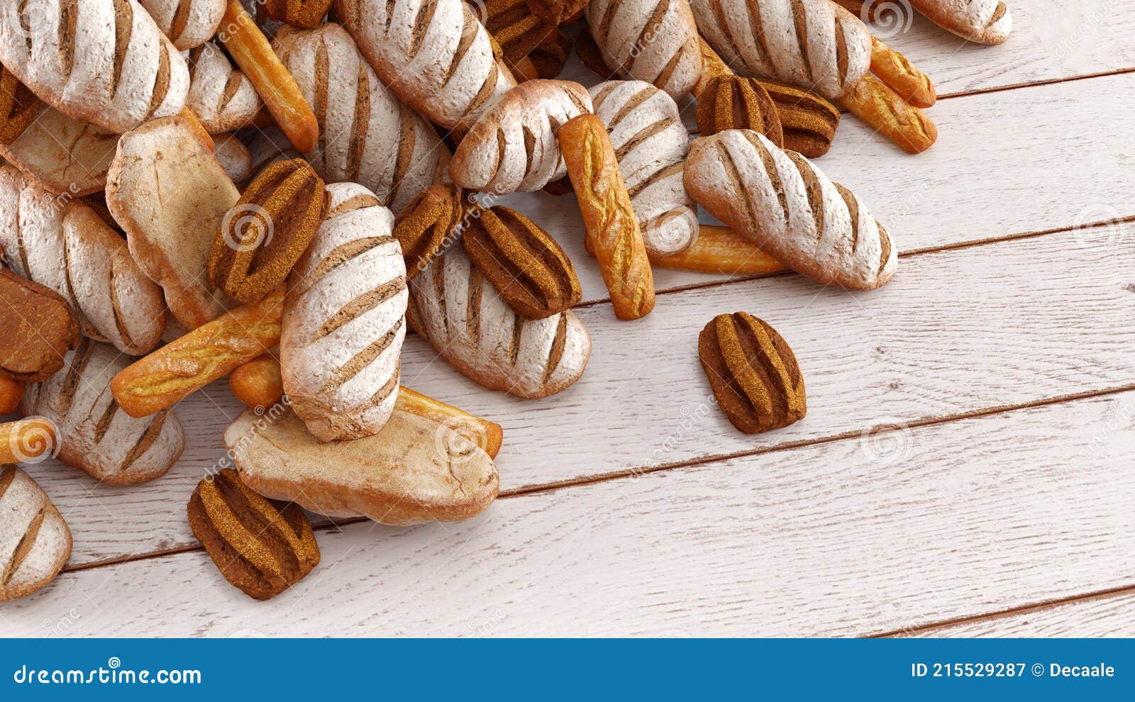 Many Mixed Breads and Rolls Shot from Above. 3d Rendering Stock ...