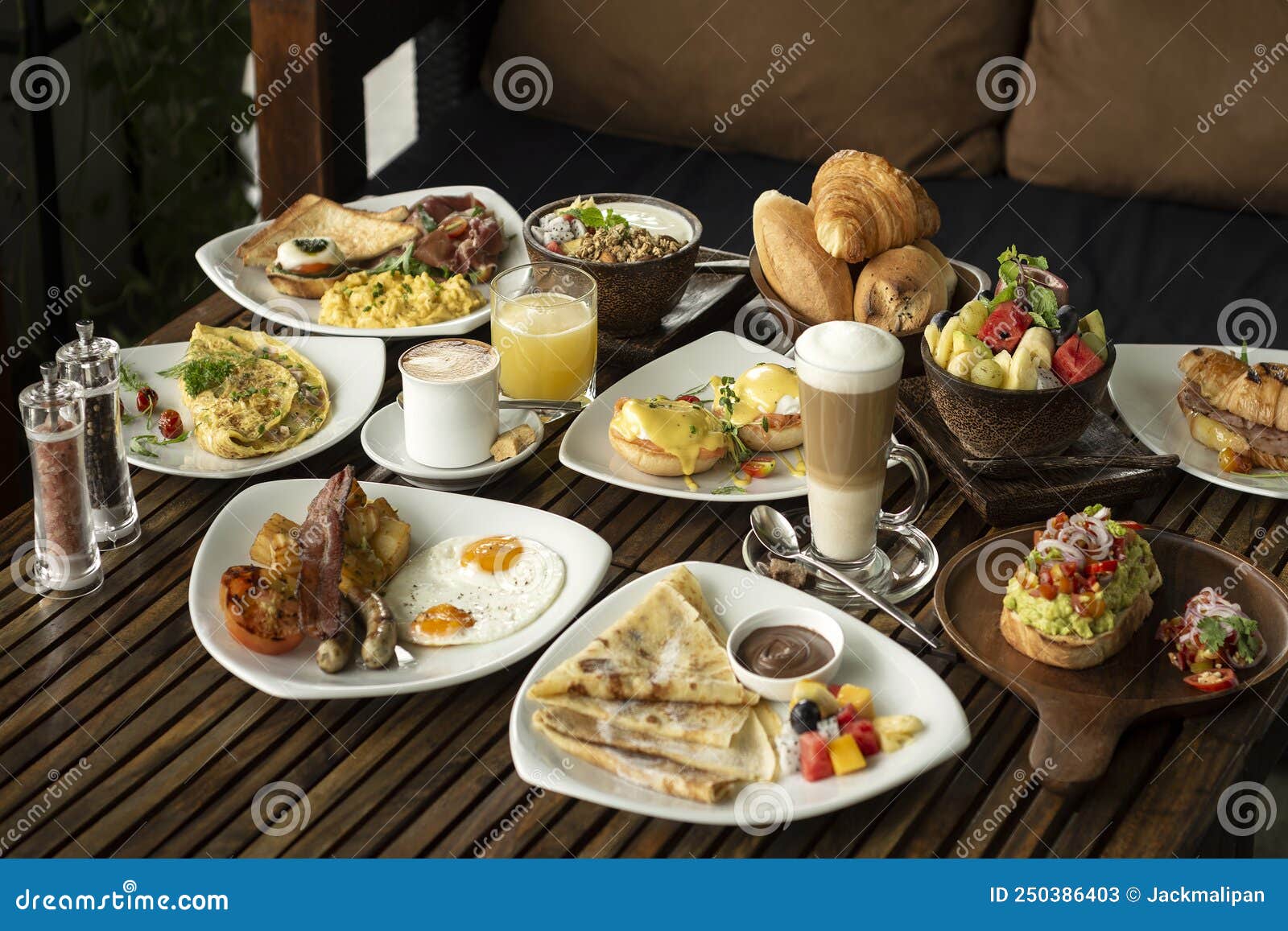 Mixed Western Breakfast Food Items on Cafe Table Stock Image - Image of ...