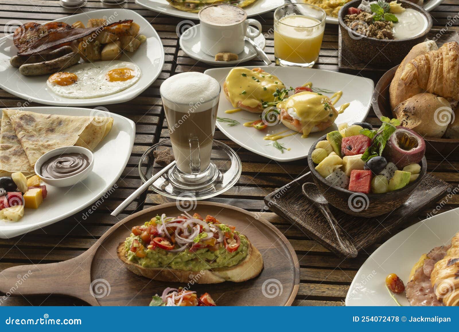 Many Mixed Western Breakfast Food Items on Cafe Table Stock Photo ...