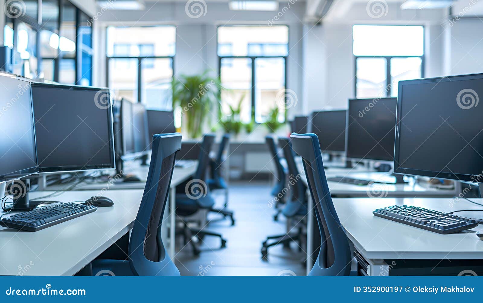 Many Modern Computers in Open Space Office Stock Image - Image of chair ...