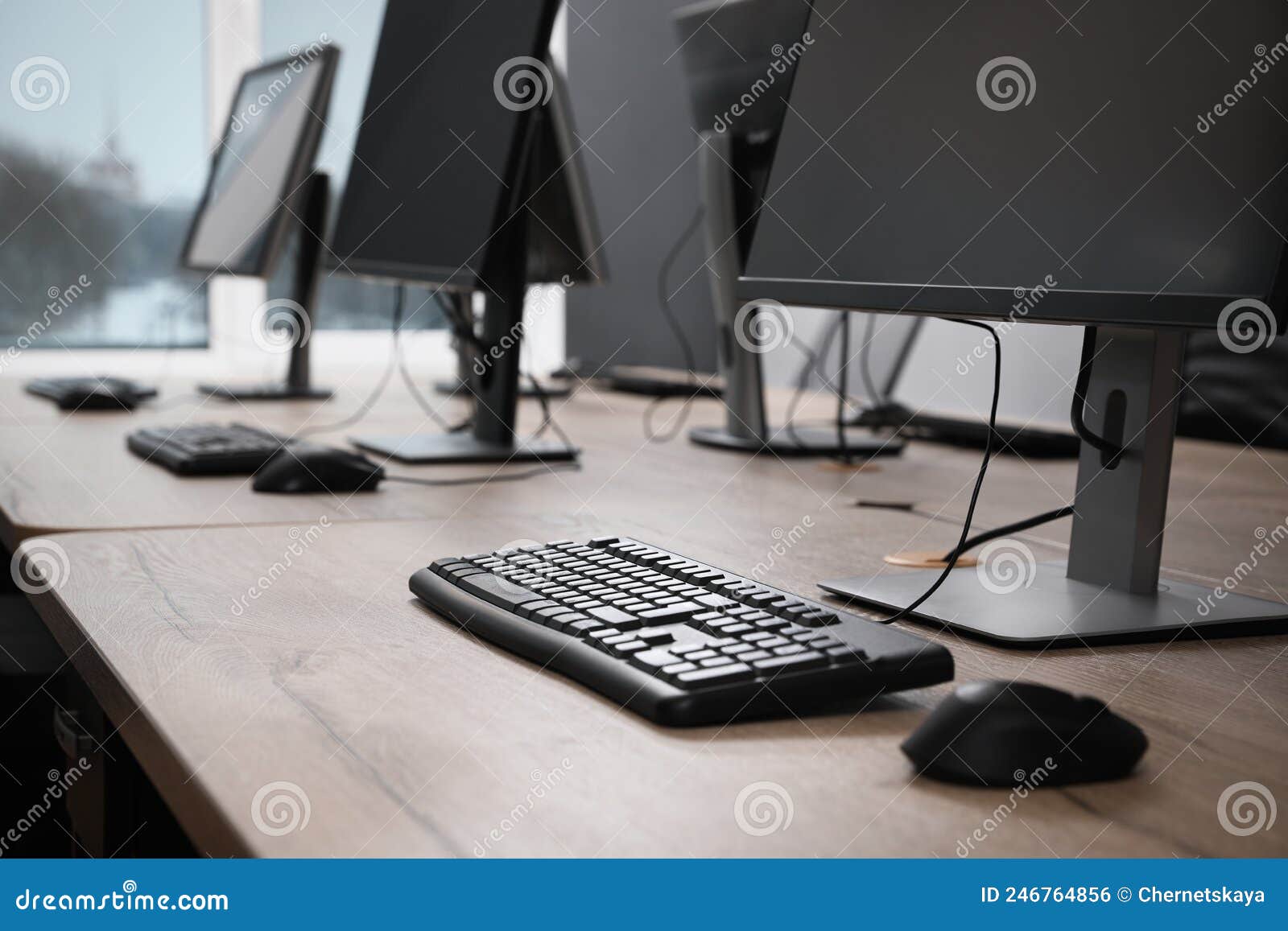 Many Modern Computers in Open Space Office, Closeup View Stock Photo ...