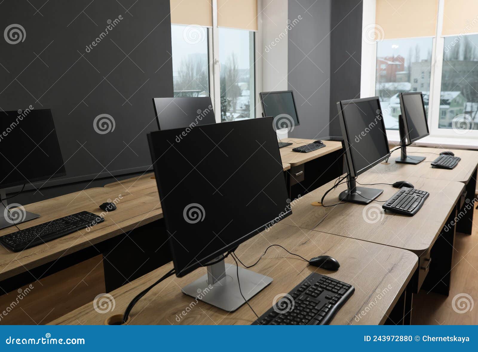 Many Modern Computers in Open Space Office Stock Photo - Image of class ...