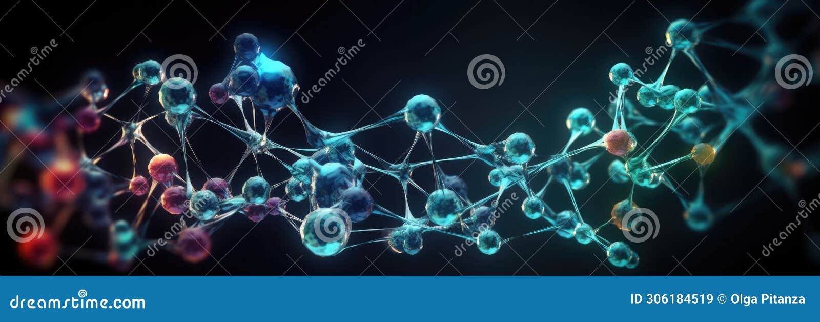 Many Multi-colored Molecules on a Dark Background. Abstract Structure ...