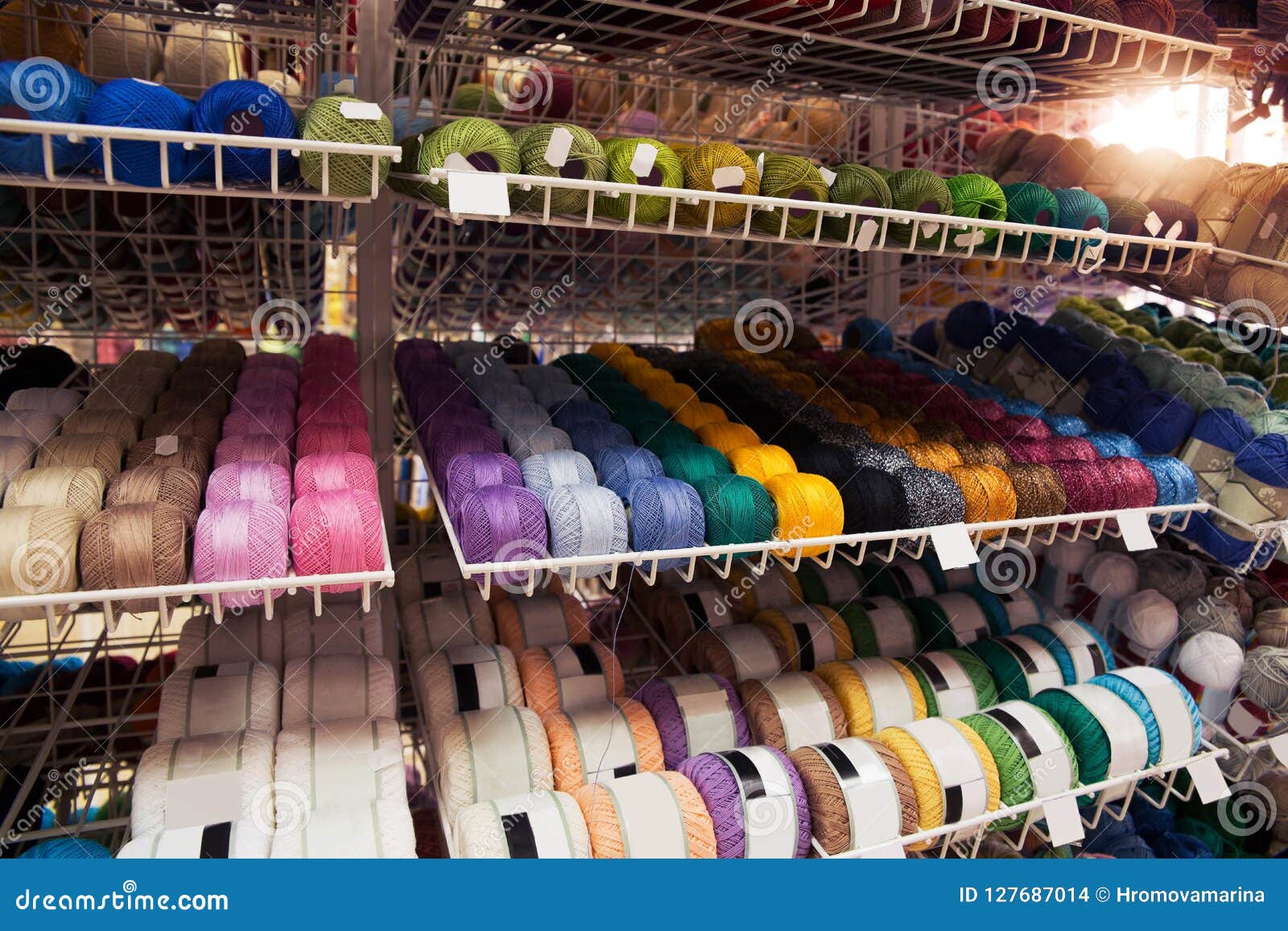 Many Multi-colored Threads on the Shelf Stock Photo - Image of threads ...