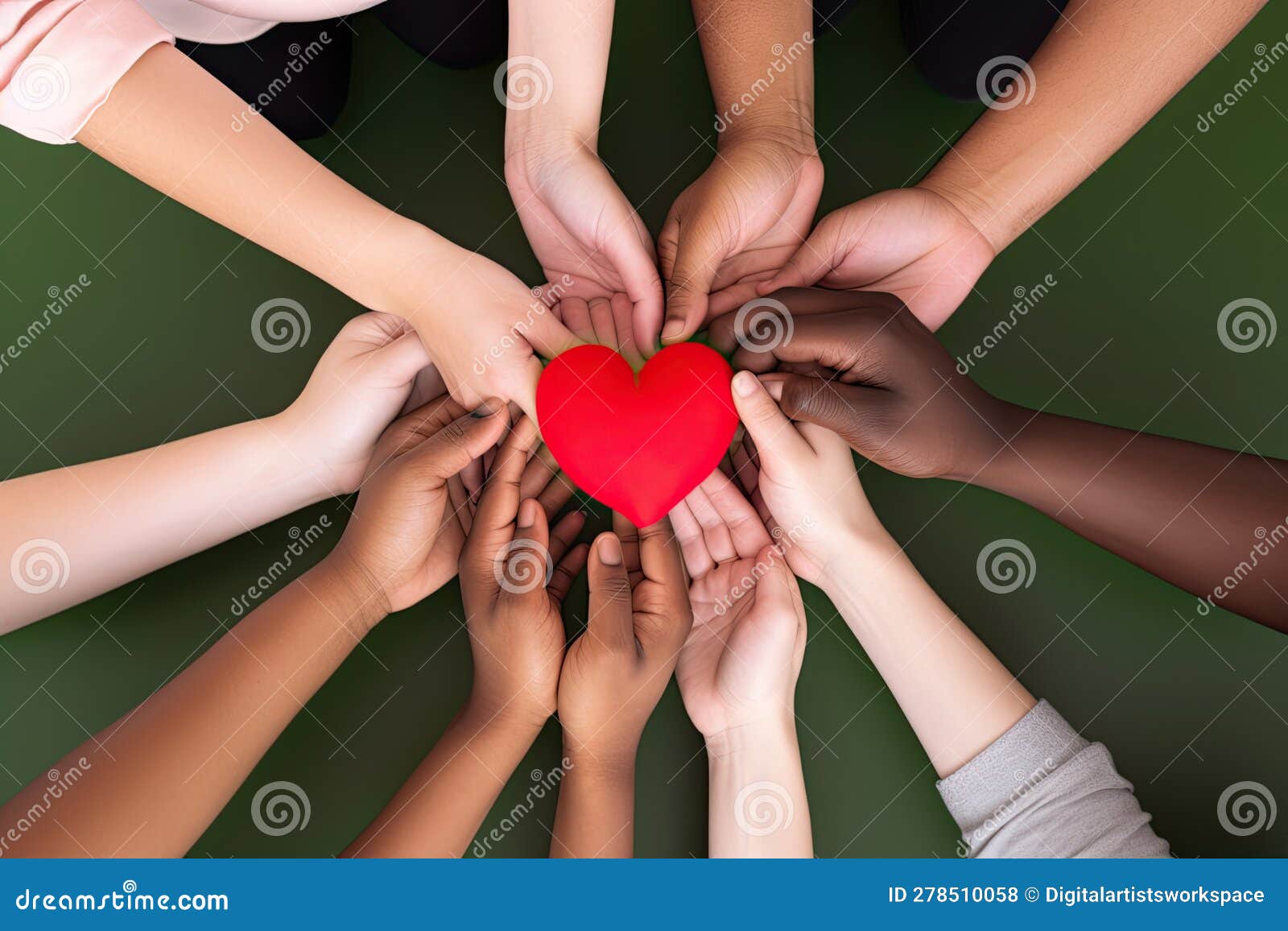 Many Multiracial Hands Holding A Red Heart Unity Love Generative Ai