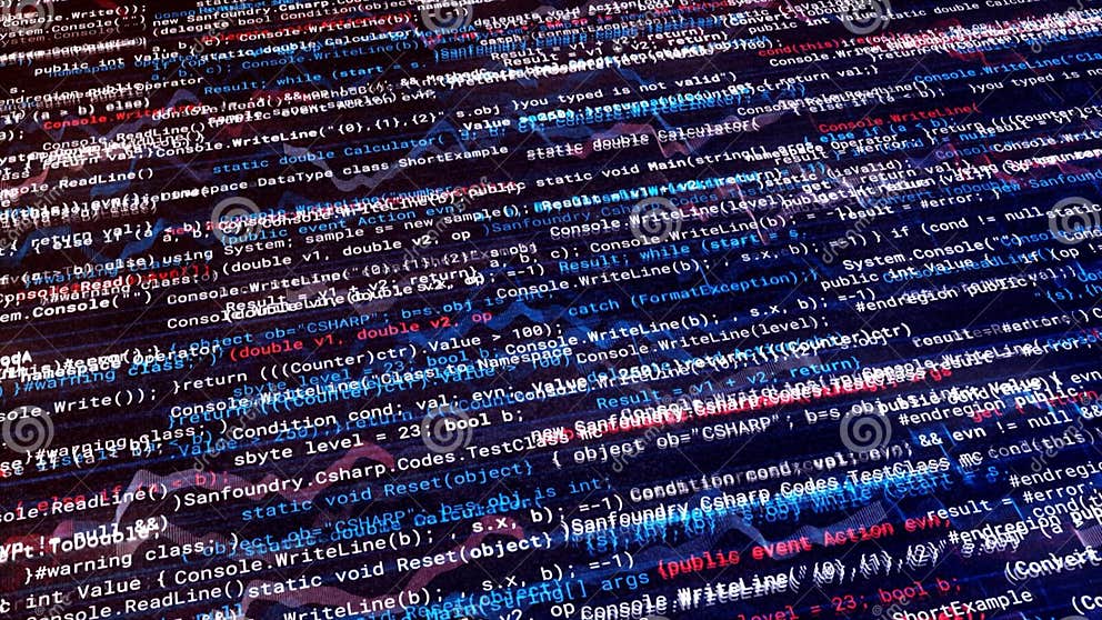 Many Narrow Lines of Abstract Program Code are Written Automatically on Black Background ...