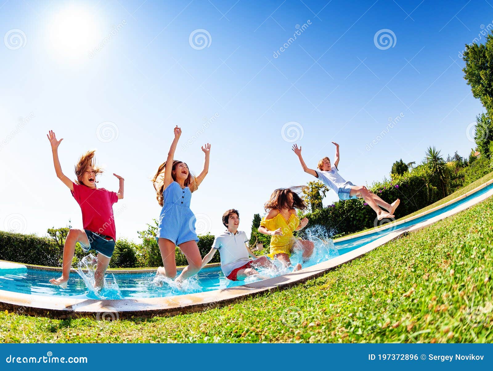Many Nice Kids Fall and Splash into the Pool Water Stock Photo - Image ...