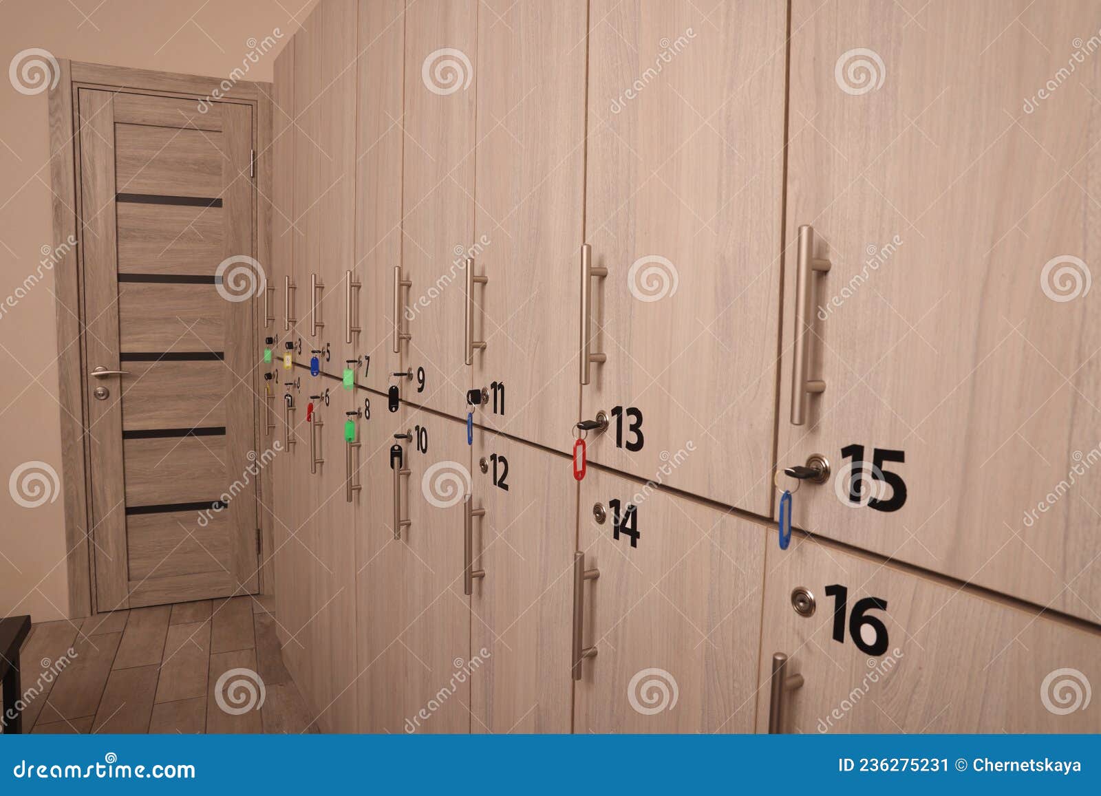 Many Numbered Wooden Lockers with Keys Indoors Stock Image - Image of ...
