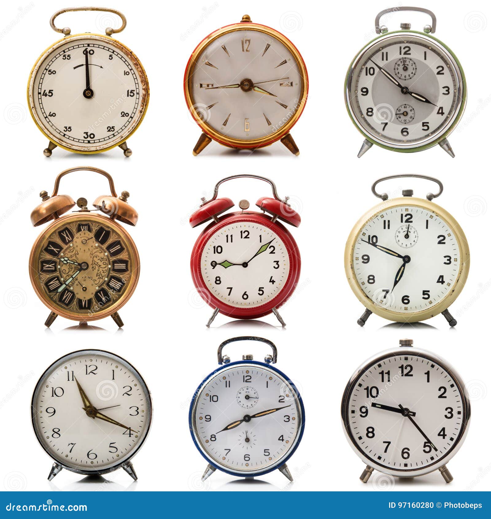 Many old alarm clocks stock photo. Image of modernism - 97160280