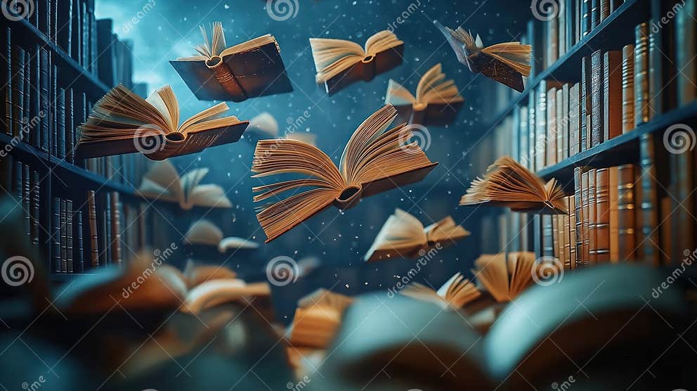 Many Old Books Fly in Air Inside Library. Bookshelves with Various ...