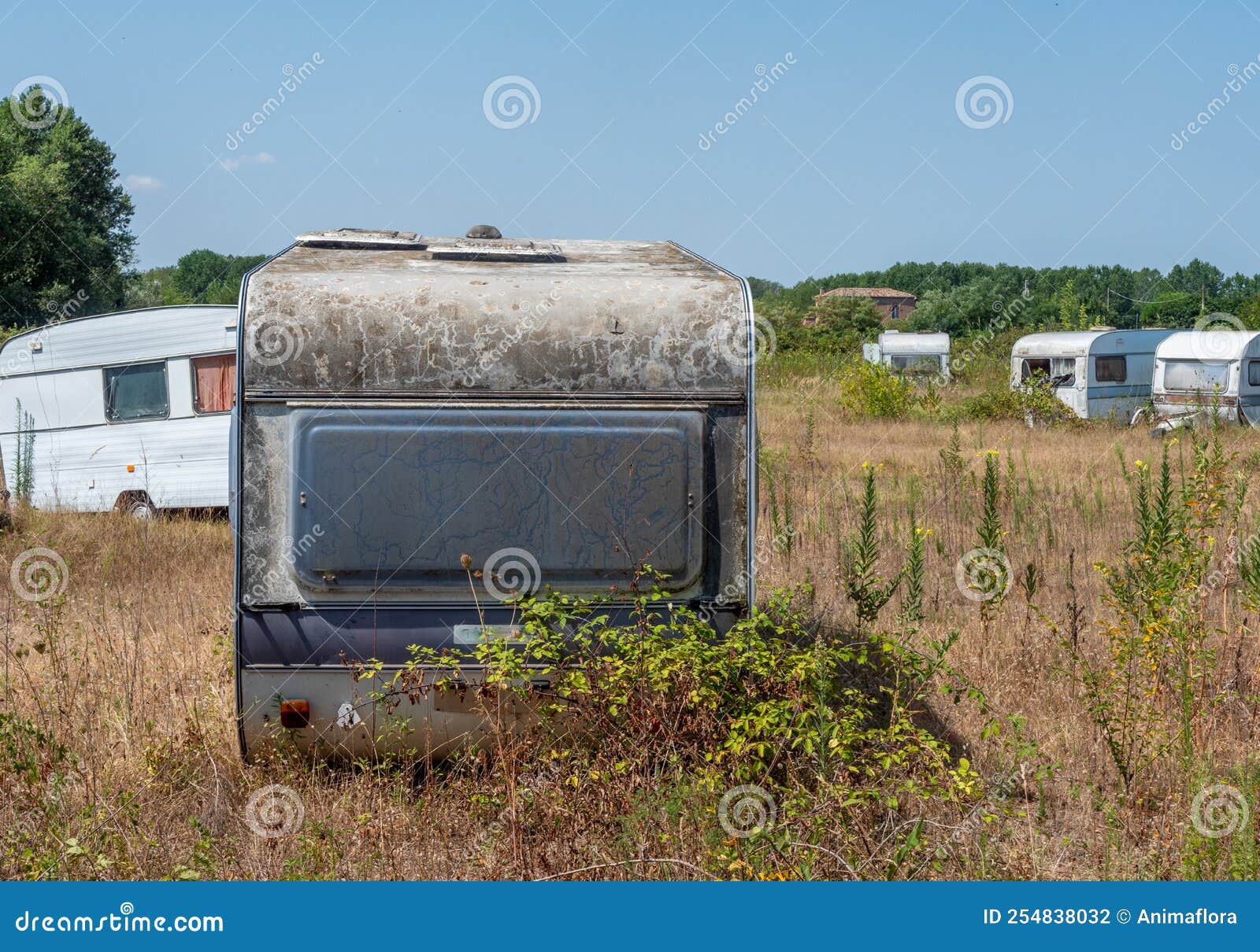 Many Old Caravans on a Meadow Stock Photo - Image of rotting, camping ...