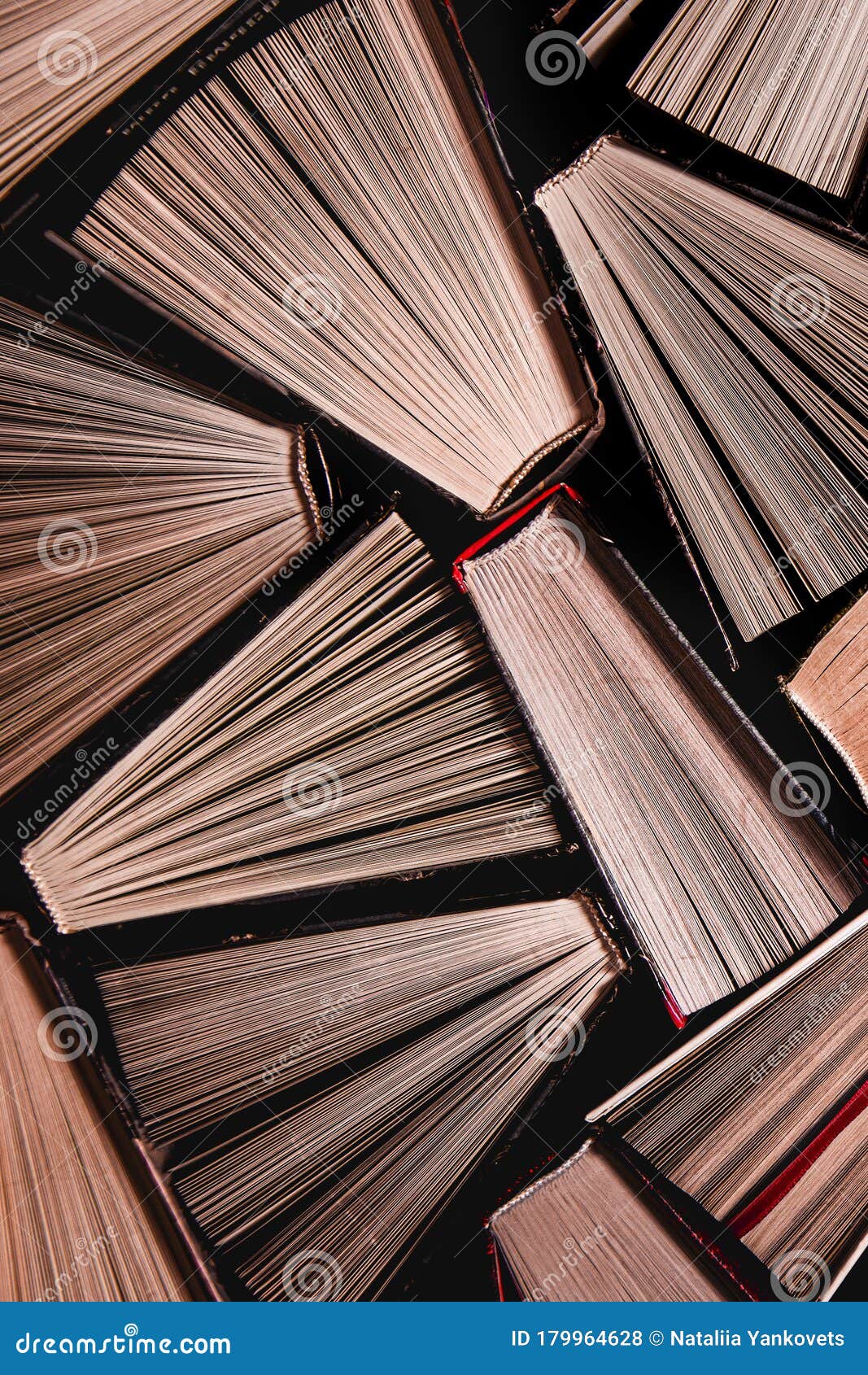 Many Old Multi-colored Open Books Stand on the Bookshelf in the Library ...