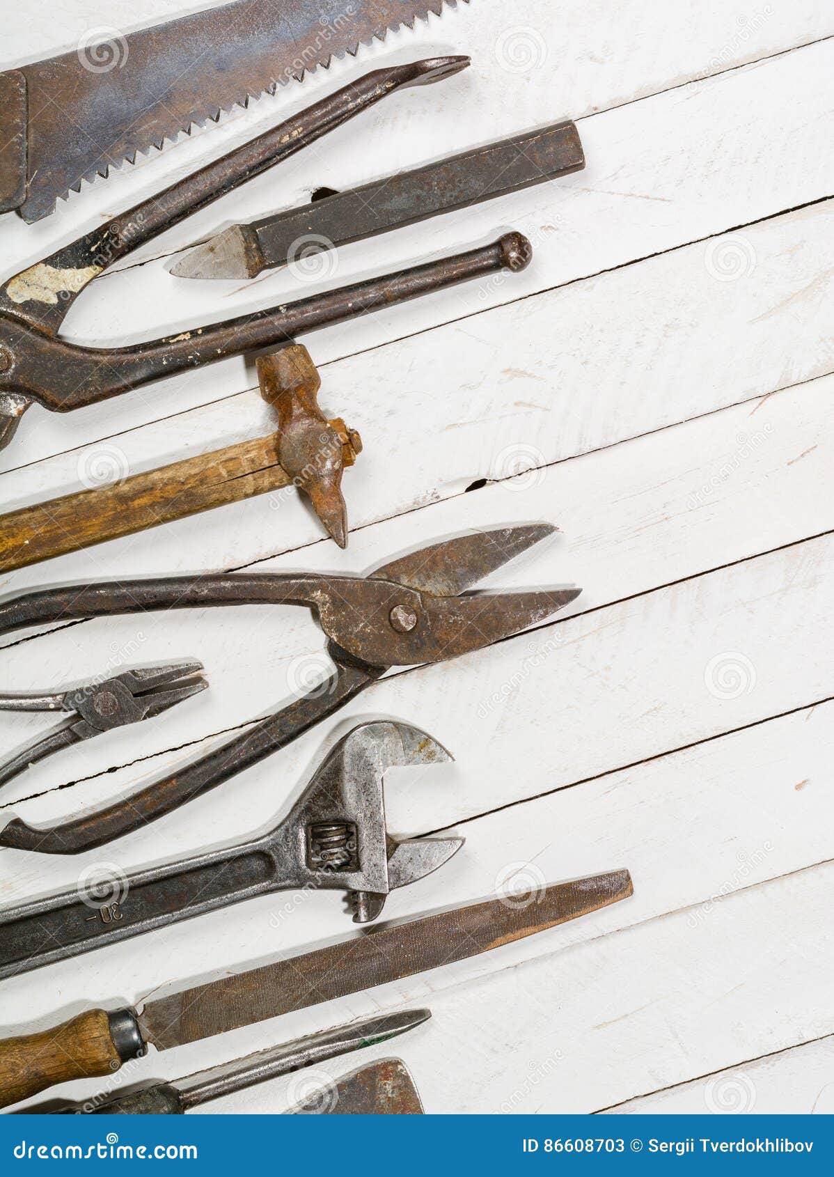 Many Old Rusty Tools Scattered on the Wooden Tstolu. View from Above ...