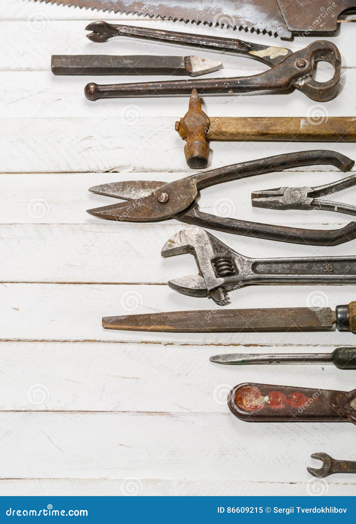 Many Old Rusty Tools Scattered on the Wooden Tstolu. View from Above ...