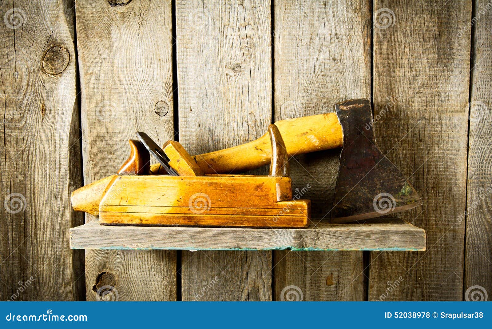Many Old Tools (axe, Plane and Others) on a Wooden Stock Photo - Image ...