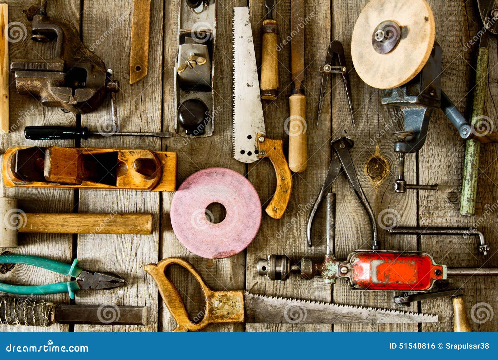 Many Old Working Tools ( Plane, Saw, Pliers and Stock Photo - Image of ...