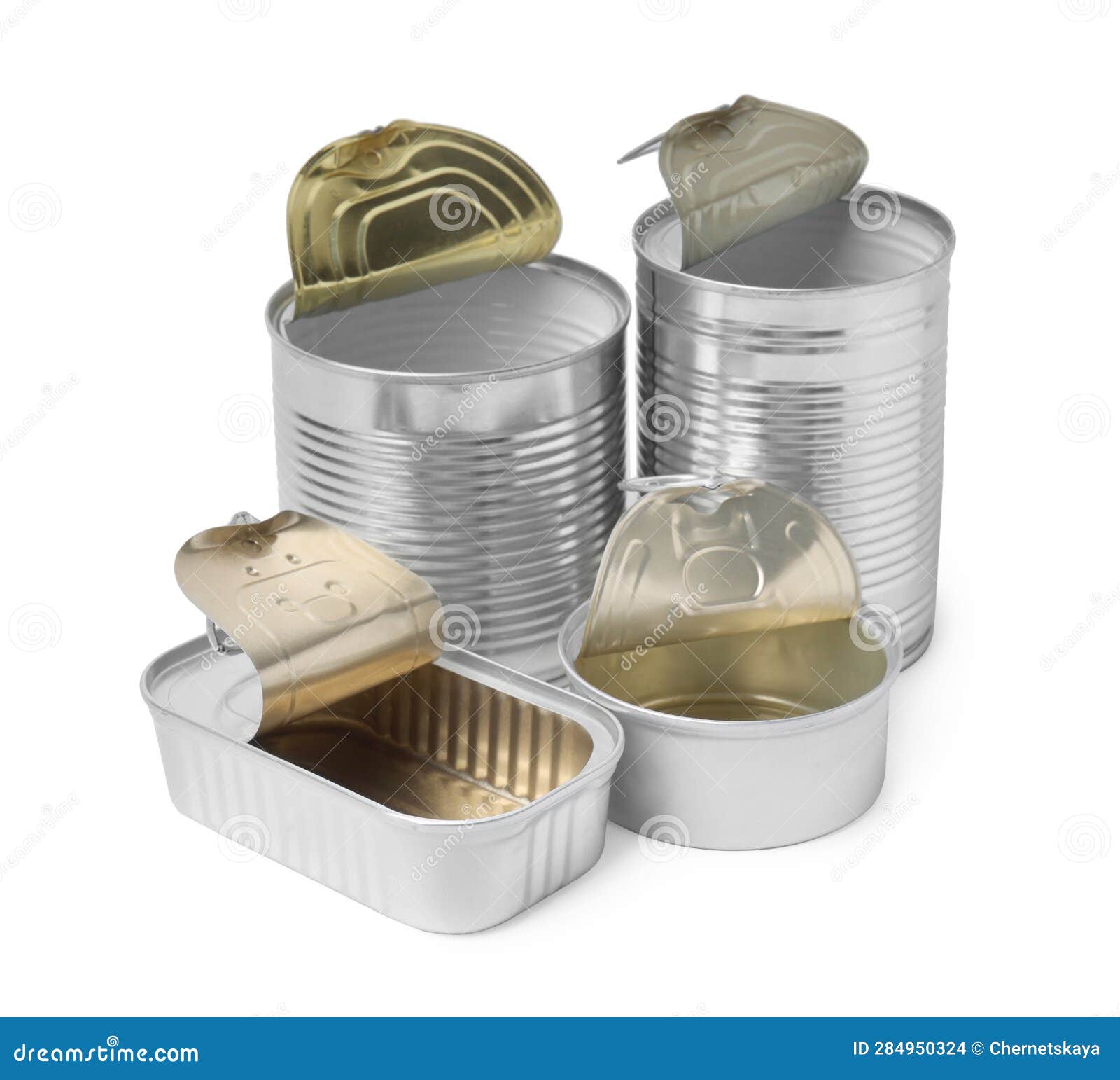 Many Open Tin Cans Isolated on White Stock Photo - Image of grey, lunch ...