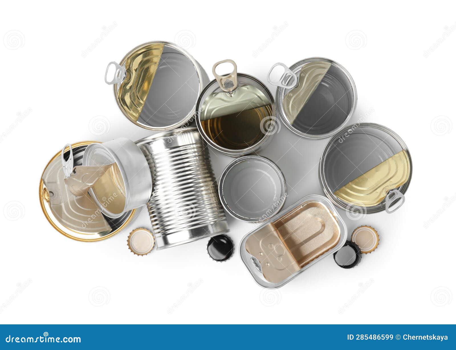 Many Open Tin Cans Isolated on White, Top View Stock Image - Image of ...