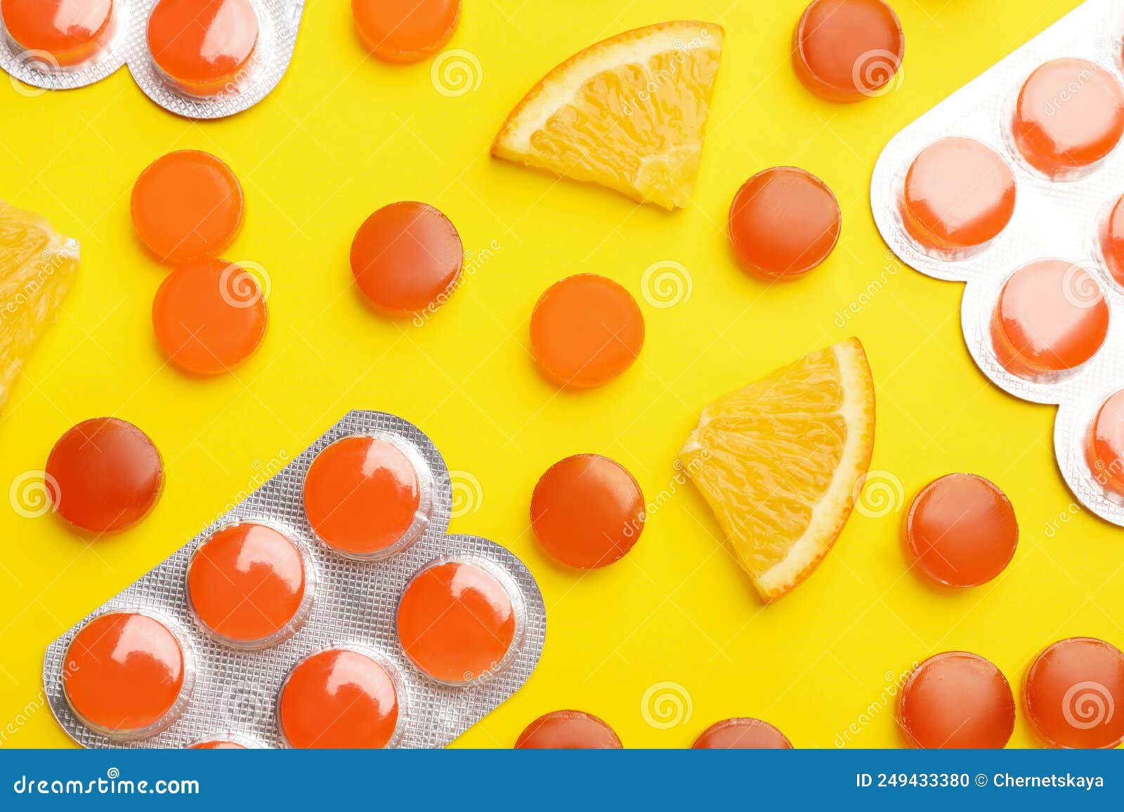 Many Orange Cough Drops on Pink Background, Flat Lay Stock Photo ...