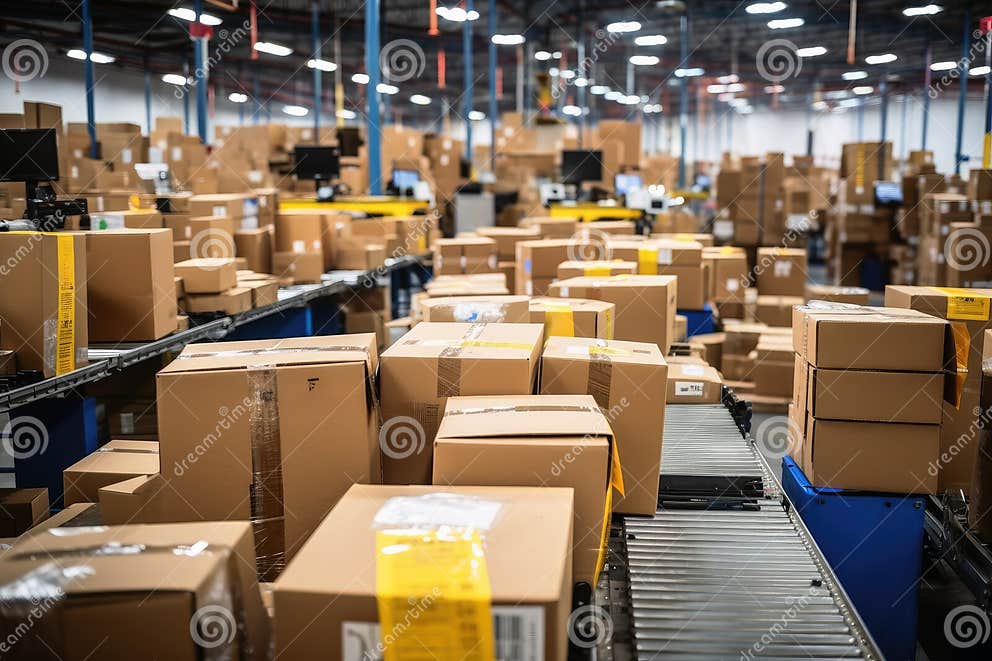 Many Packages on an Assembly Line in a Logistics Handling Facility ...