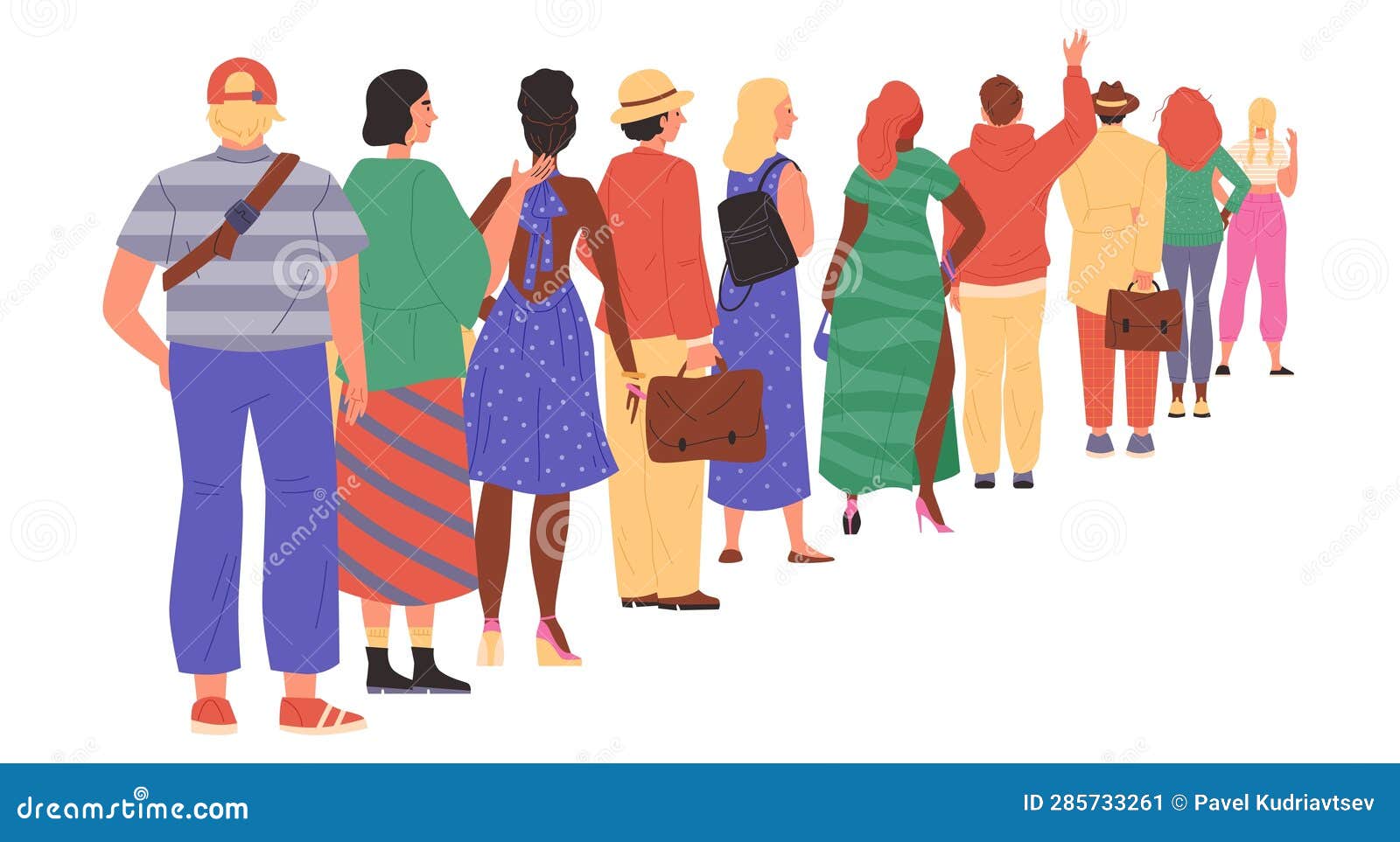 Many People in Different Poses Standing in Line Back View Flat Style ...