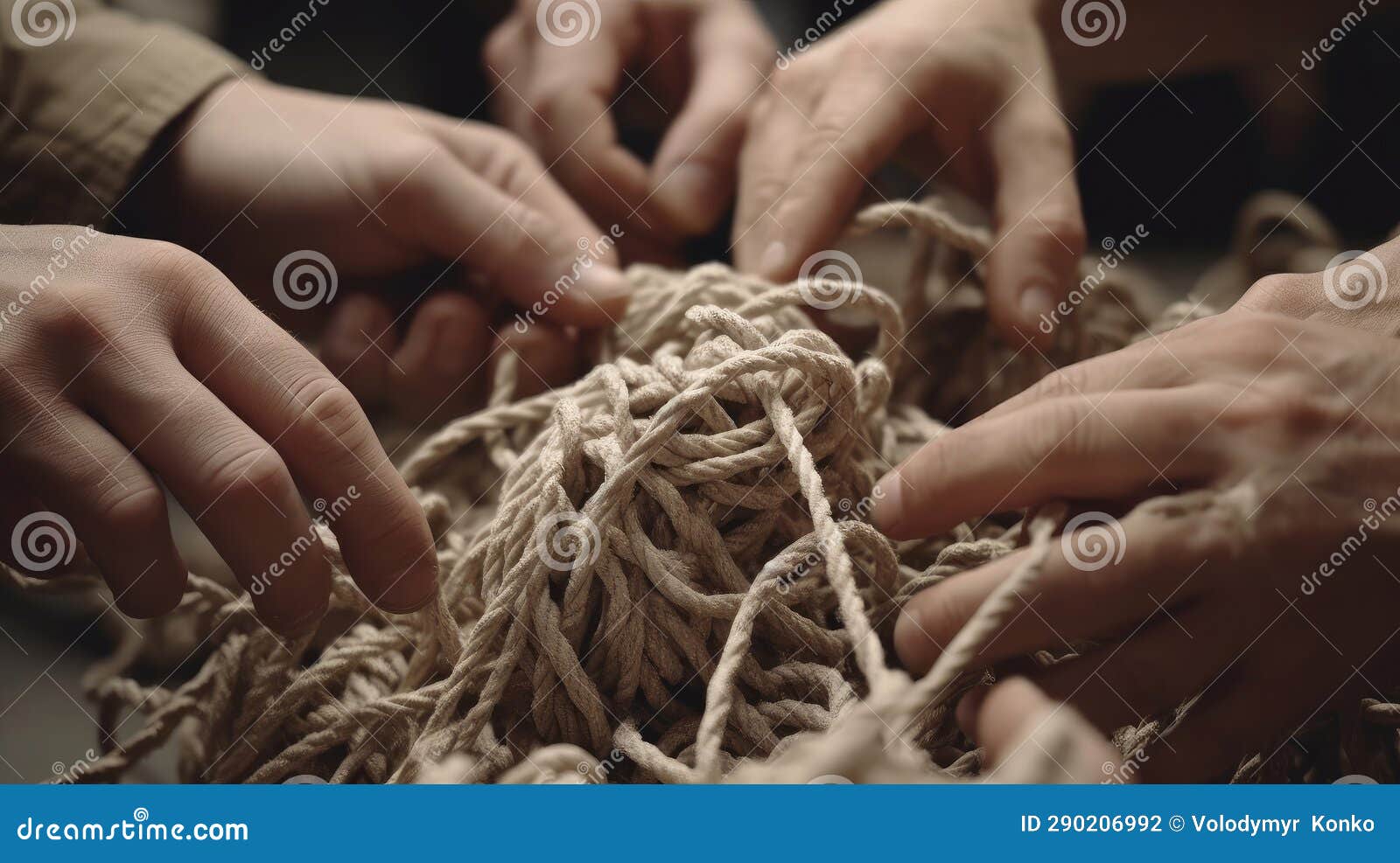 Many Peoples Hands Working Together To Untangle a Knotted Rope ...