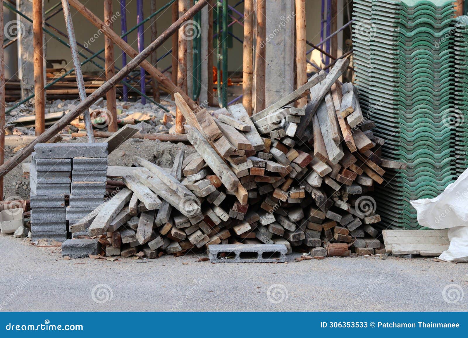 Many Piles of Wood in the Construction Work Zone, House Construction ...