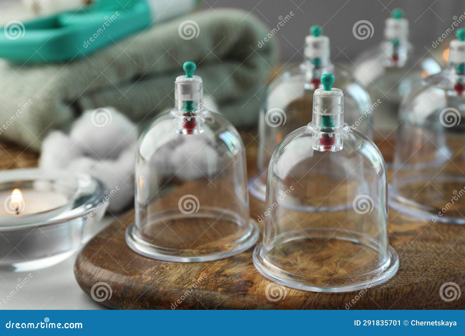 Many Plastic Cups on White Table, Closeup. Cupping Therapy Stock Image ...