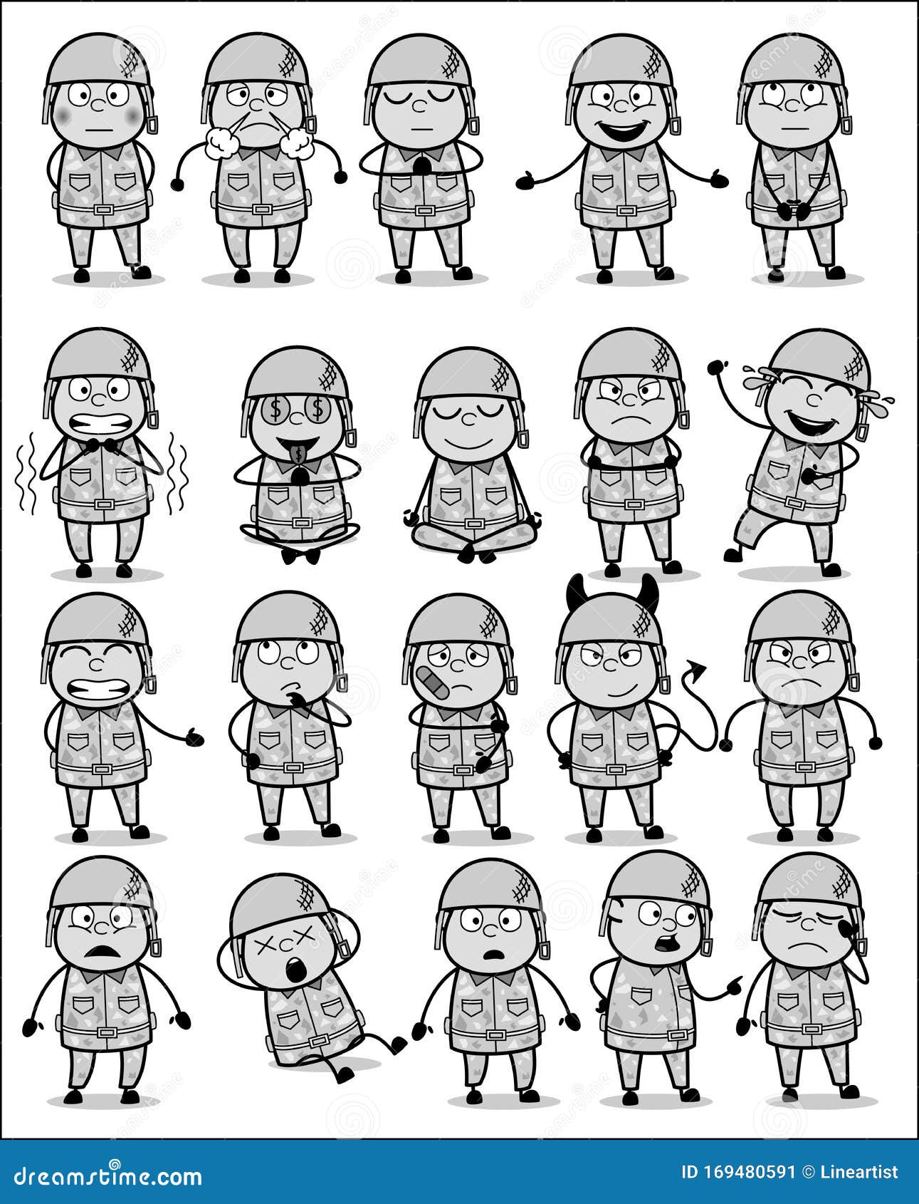 Many Poses Of Cartoon Army Man - Set Of Concepts Vector Illustrations ...