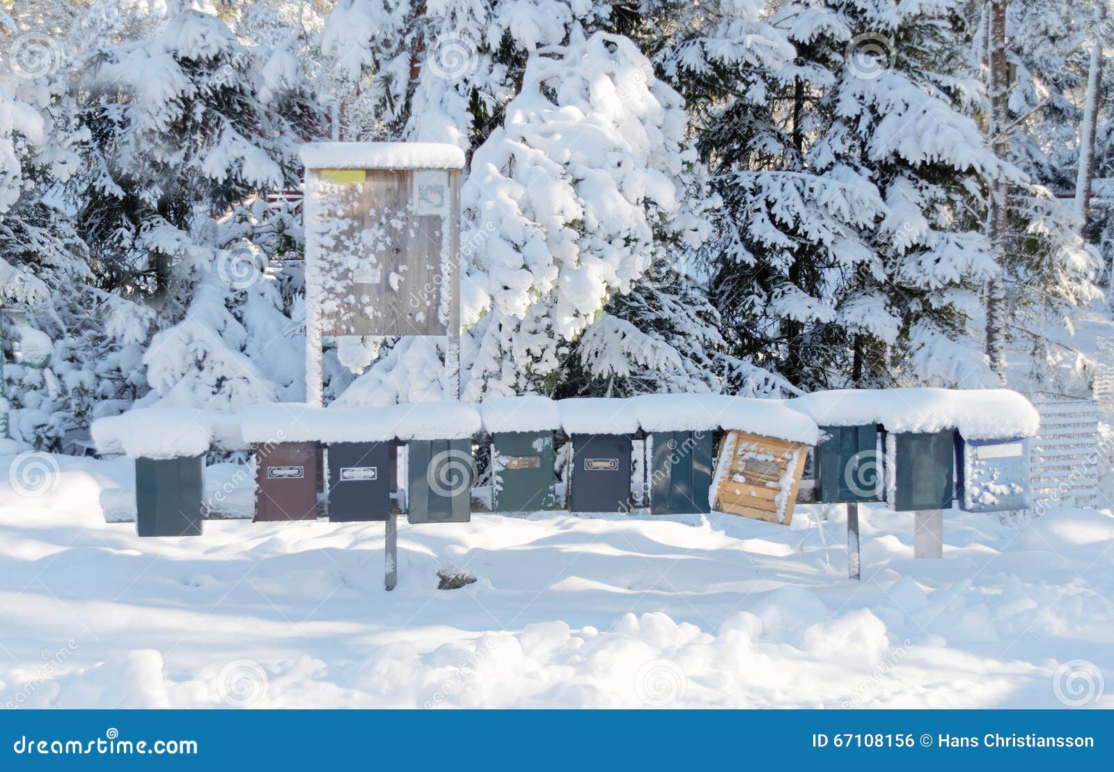 Many Post Boxes Covered with Snow in a Row Stock Photo - Image of group ...