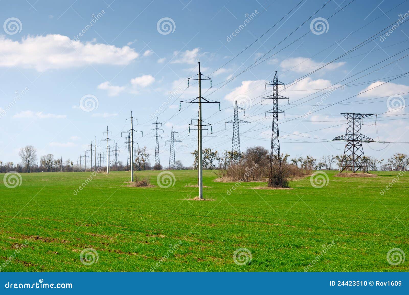 Many Power Tensions and Lines on the Field Stock Photo - Image of ...
