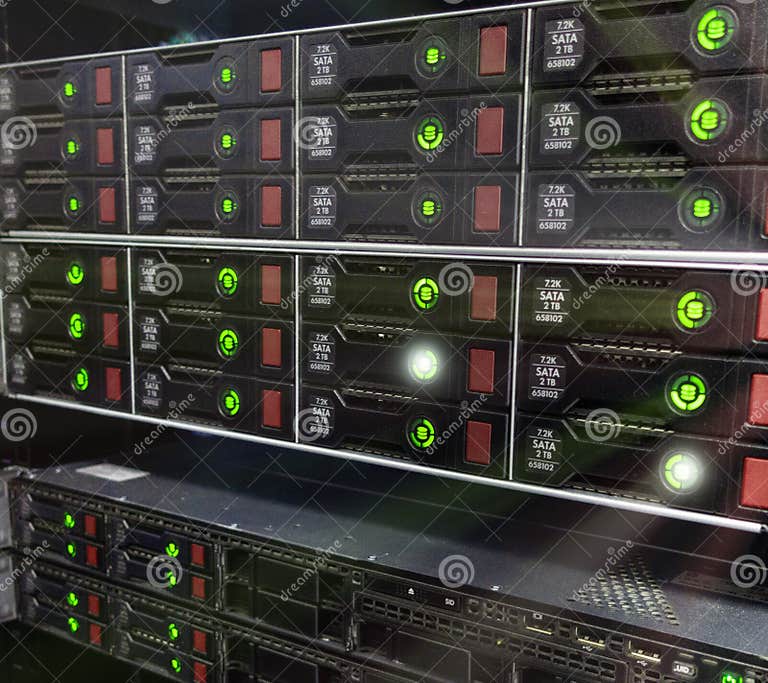 Many Powerful Servers Running in the Data Center Server Room. Disk ...