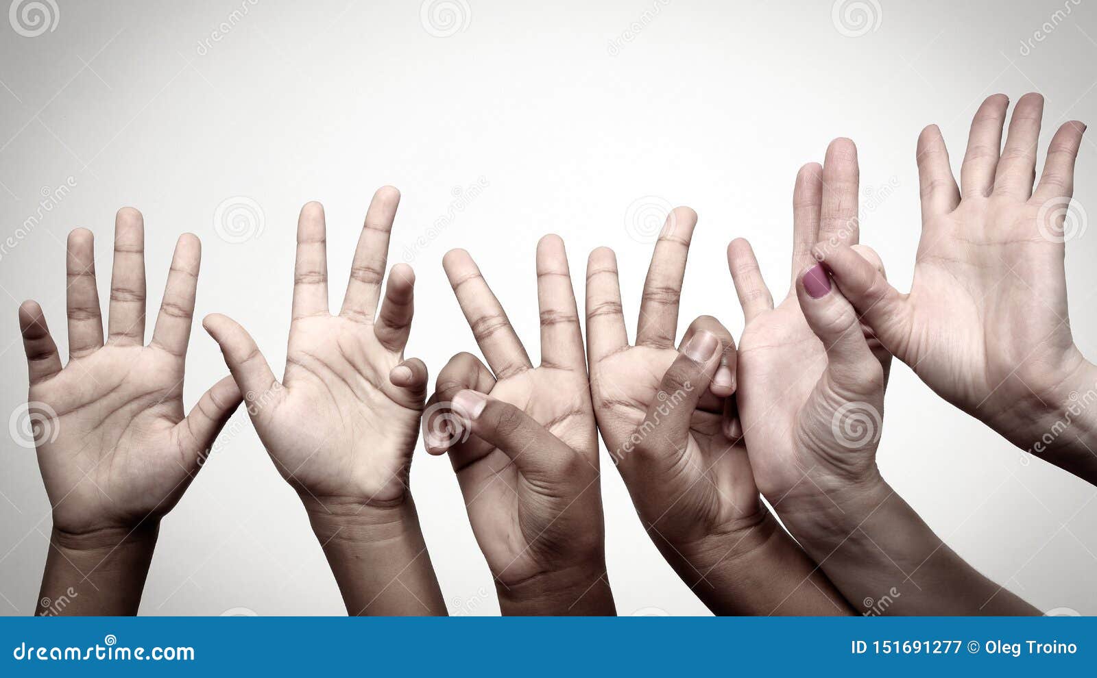 Many Raised Children`s Expressive Hands in a Row Stock Image - Image of ...
