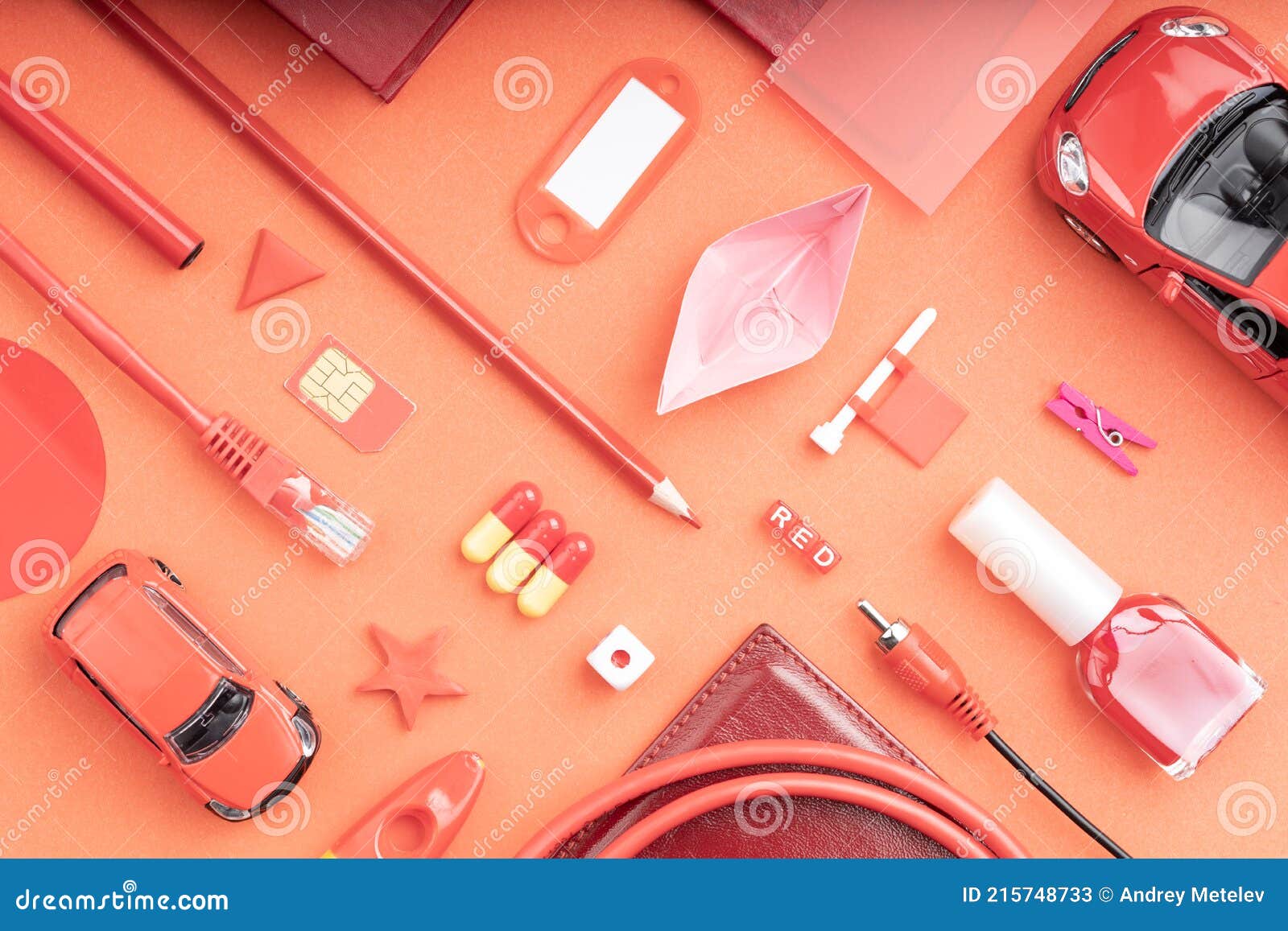 Many Red Objects Lying on a Beautiful Surface Top View Still Life Stock ...