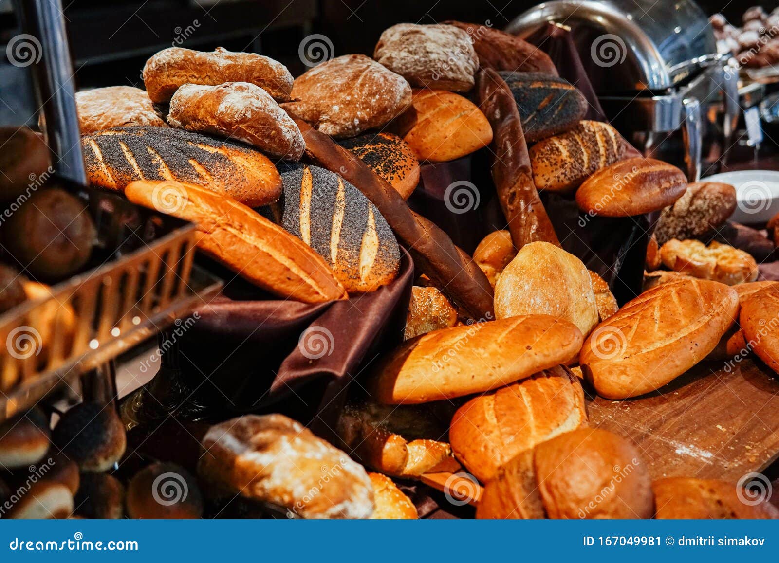 Many Rolls of Different Breads in the Bakery Restaurant Stock Image ...