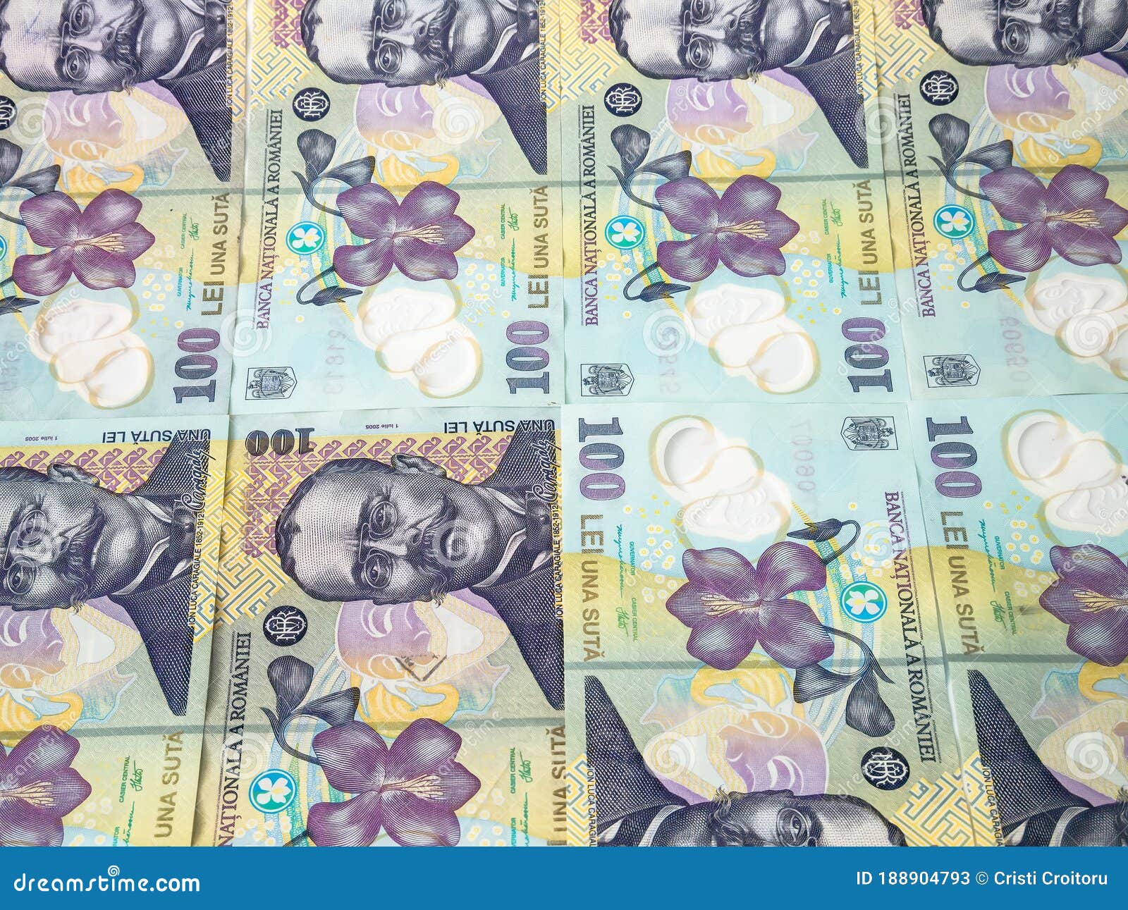 Many 100 RON or Lei Romanian Banknotes on White Background. Romanian ...