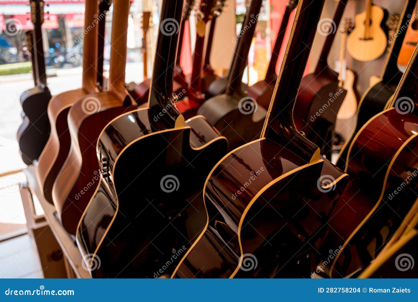 Many Rows of Classical Guitars in the Music Shop Stock Photo - Image of ...