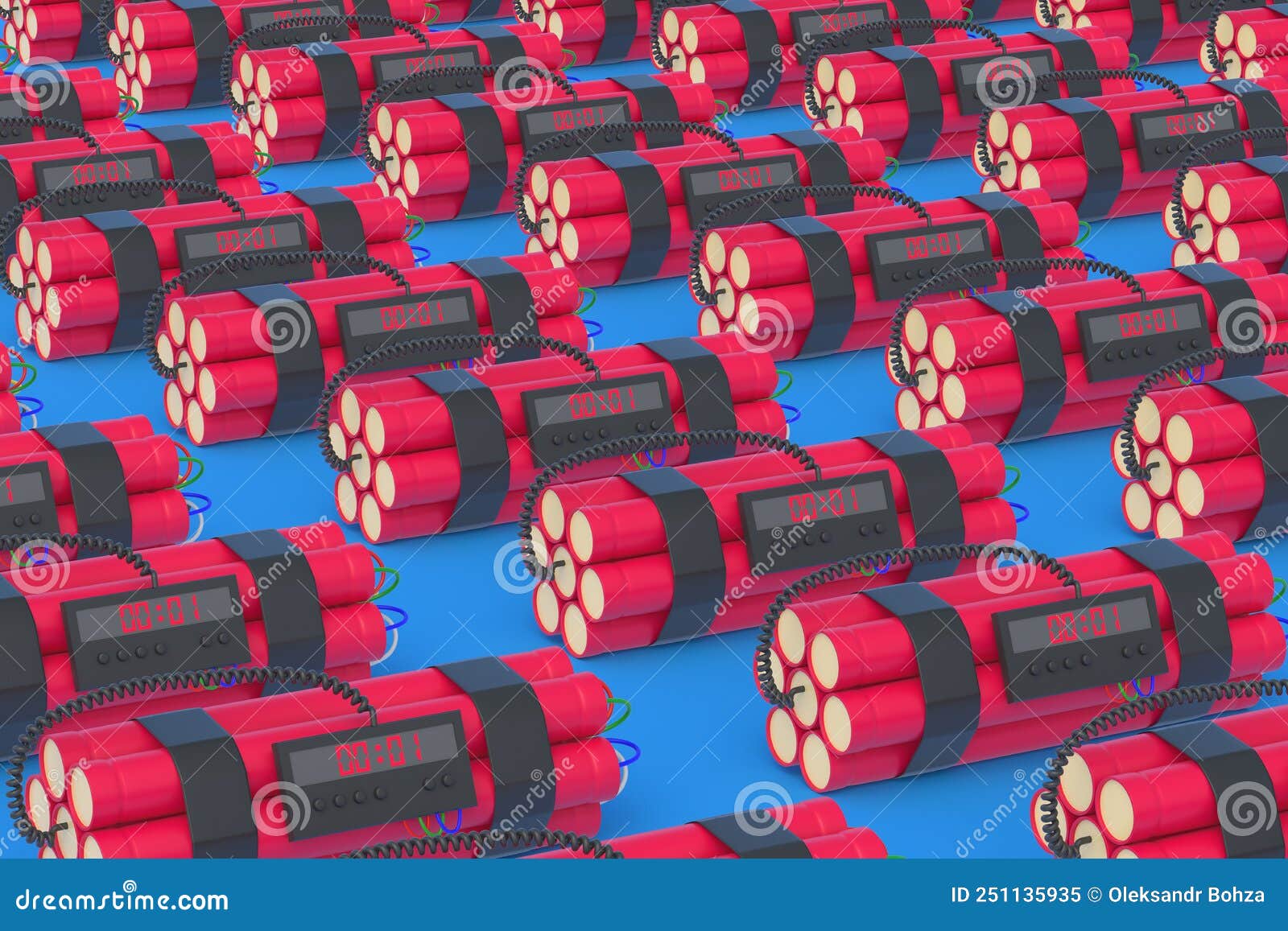 Many Rows of Dynamite Bombs with Digital Timers. Countdown and Deadline ...