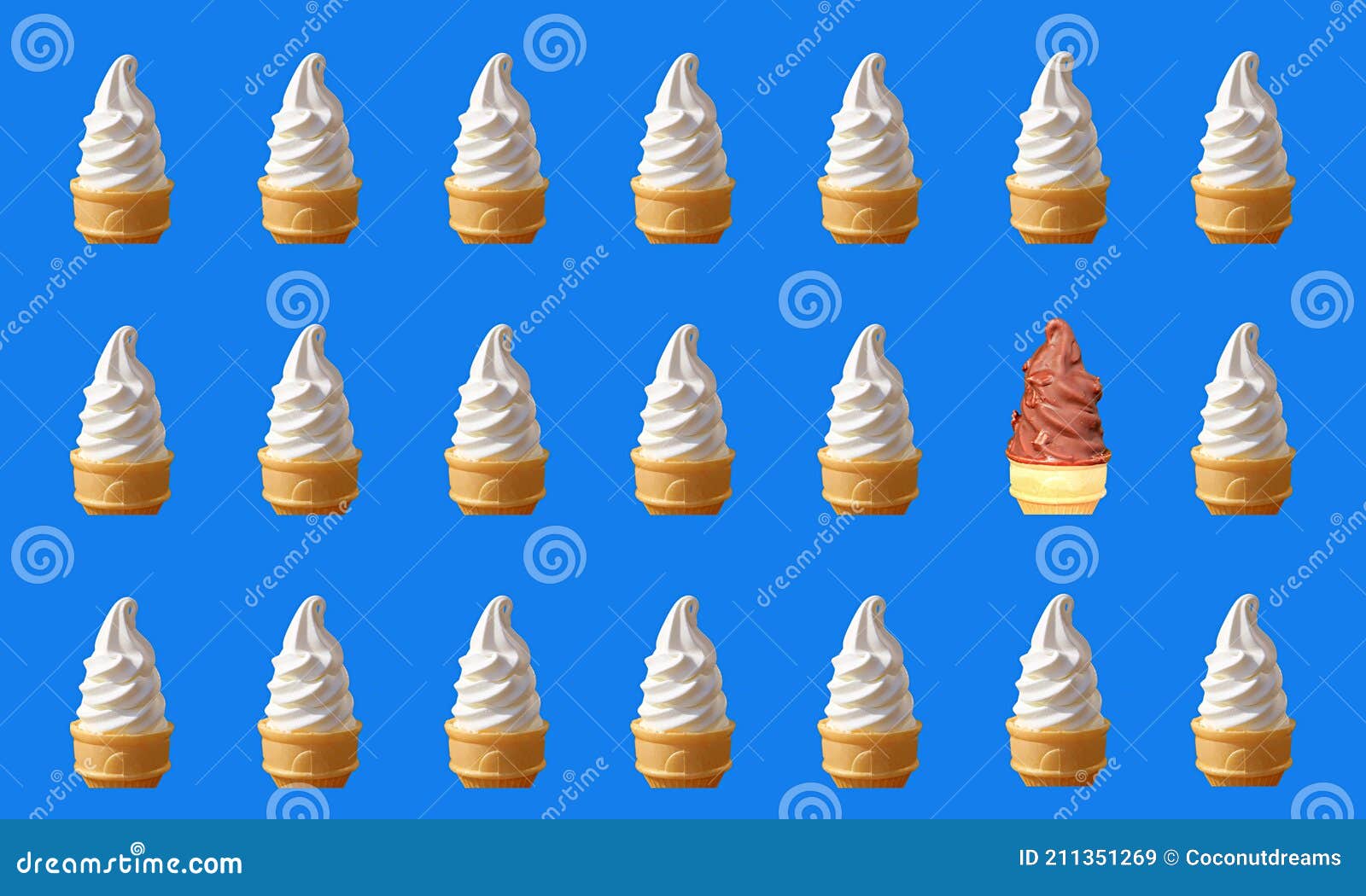 Many Rows of Two Types of Soft Serve Ice Cream Cones Isolated on Blue ...