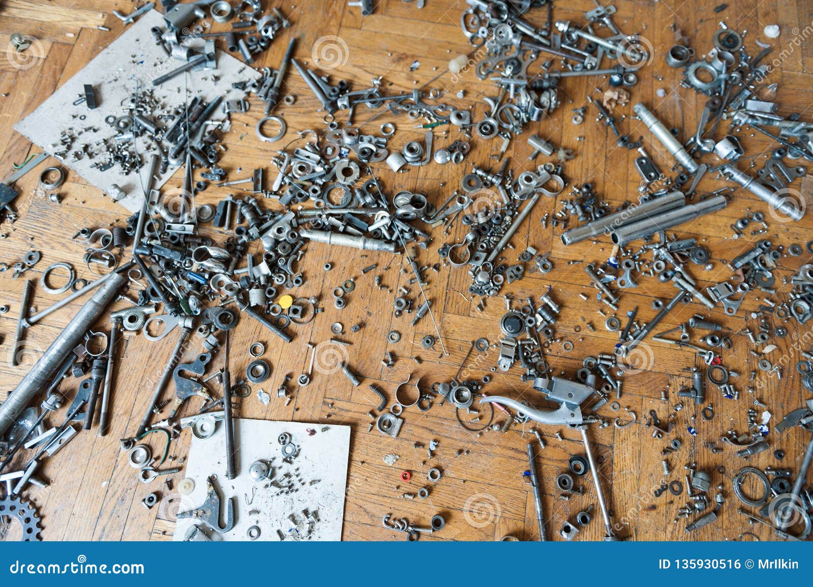 Many Scattered Metal Tools on Wooden Floor Stock Photo - Image of ...