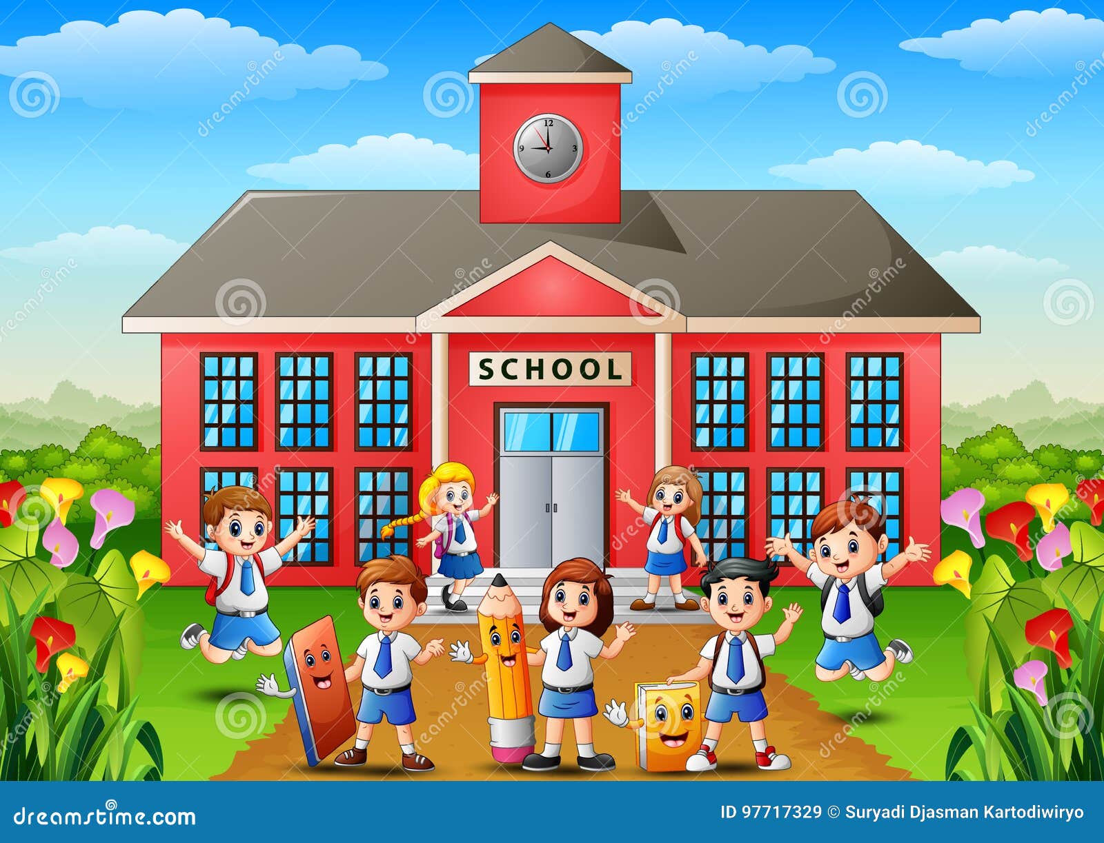 Happy School Children Standing In Front Of School Building Cartoon ...