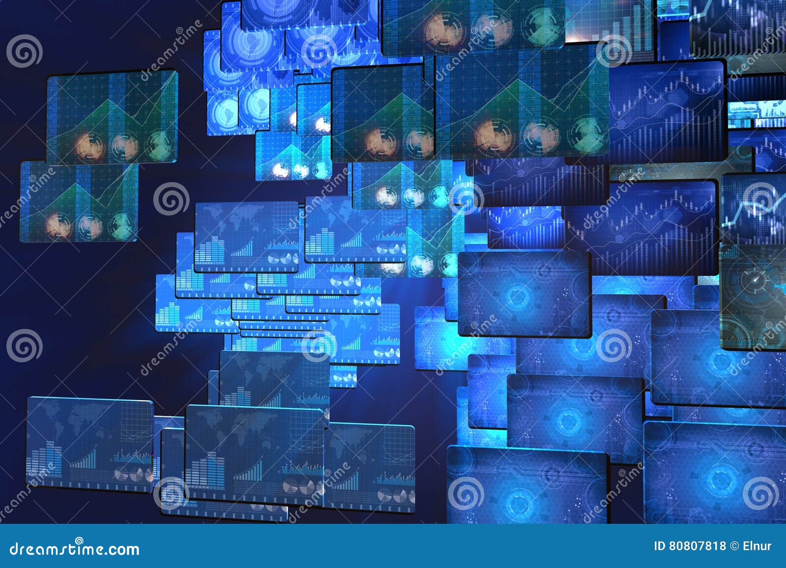 The Many Screen Monitors with Charts and Graphs Stock Illustration ...