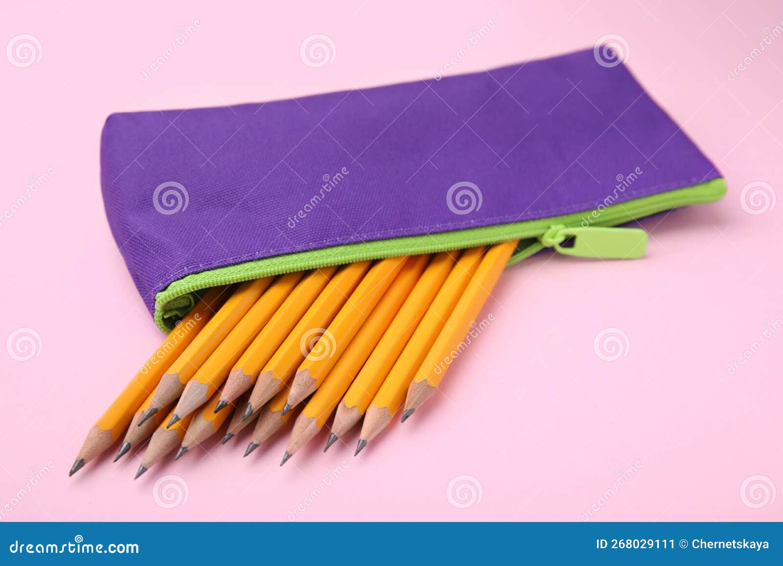 Many Sharp Pencils in Pencil Case on Pink Background Stock Image ...
