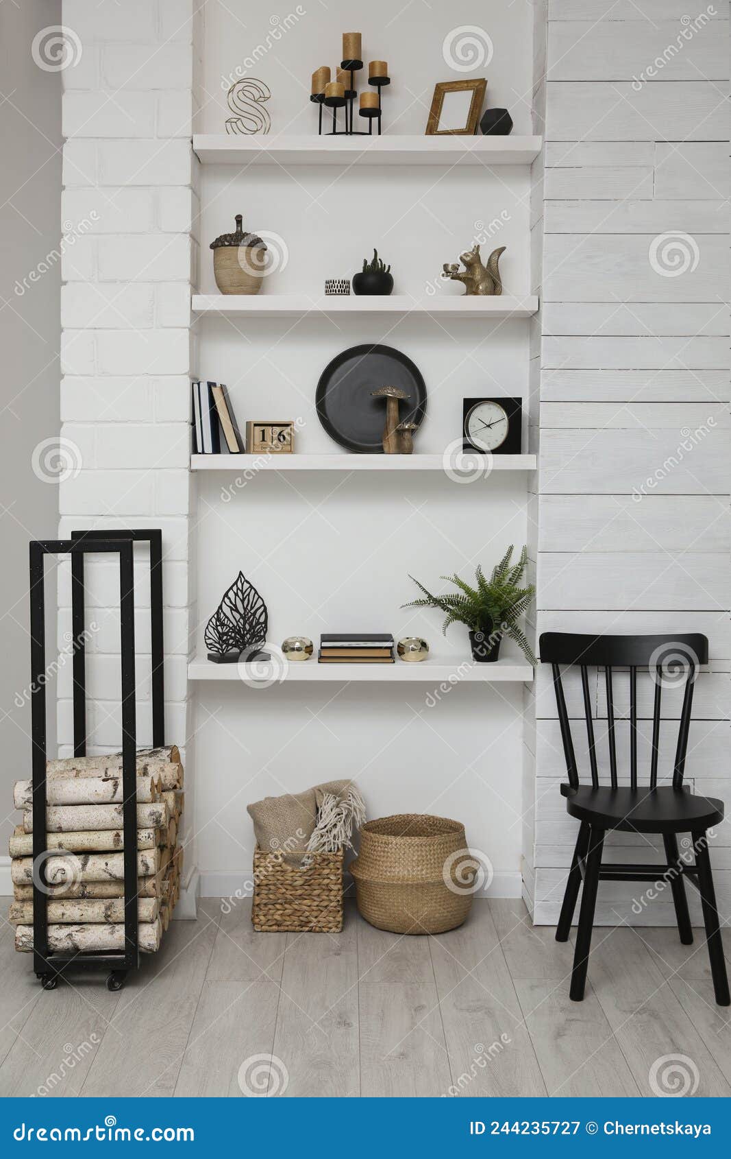 Many Shelves with Different Decor in Room. Interior Design Stock Image ...