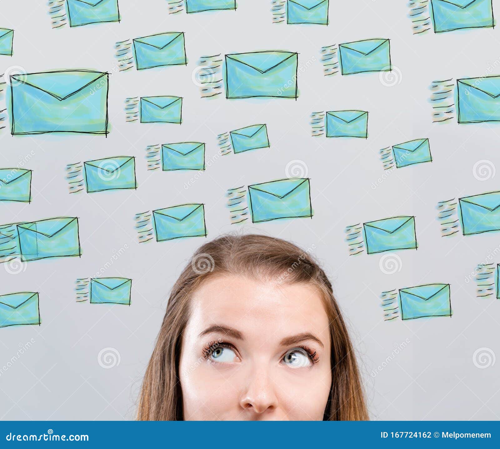 Many Sketch Emails with Young Woman Stock Photo - Image of thoughtful ...