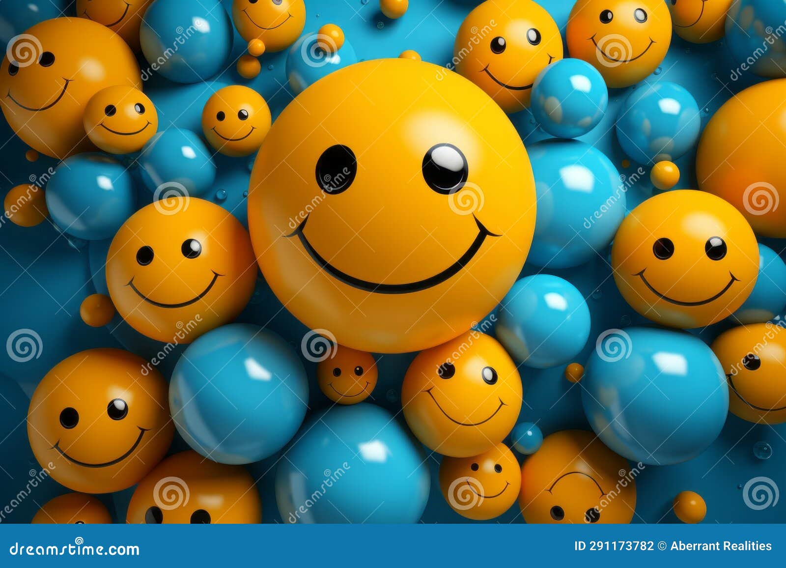 Many Smiley Faces are Surrounded by Blue and Yellow Balloons Stock ...