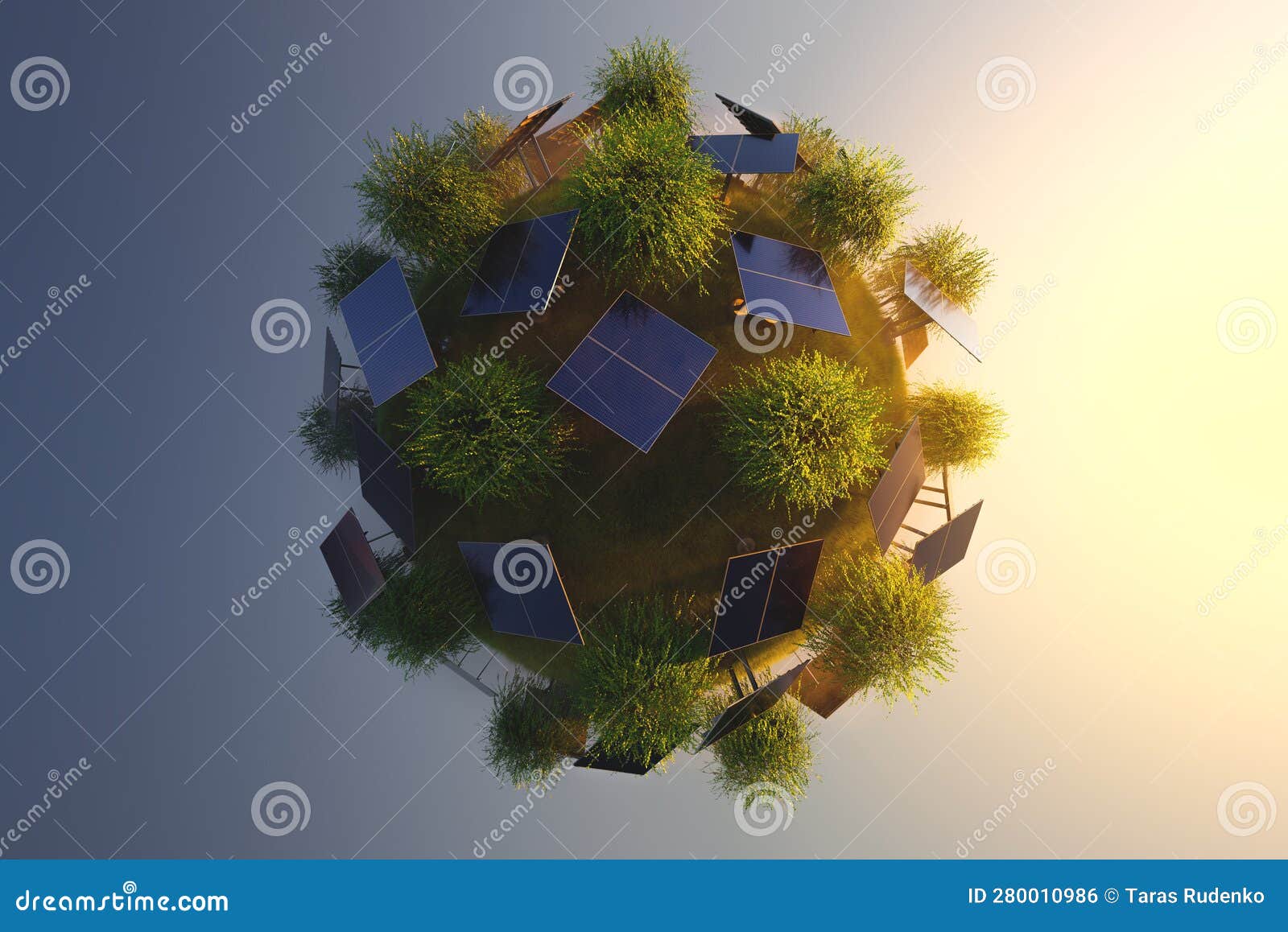 Many Solar Panels in the Fog on a Green Sphere with Grass and Trees ...