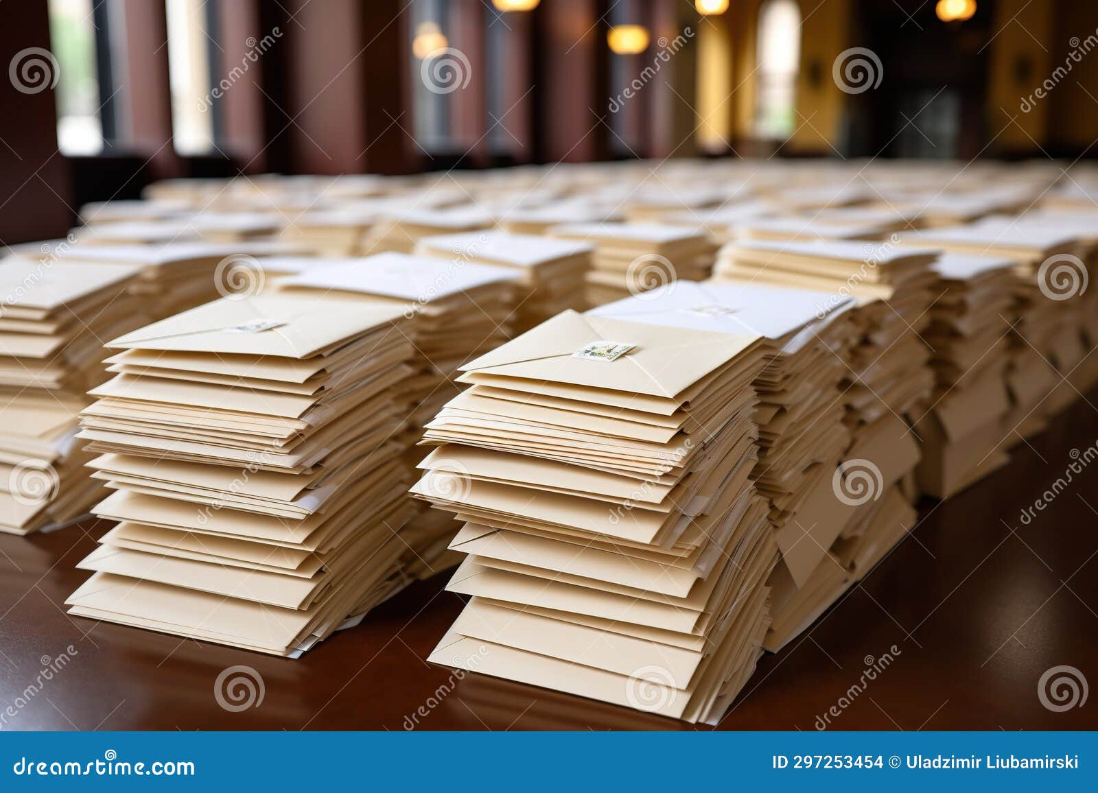 Many Stacks of Envelopes for Letters on a Wooden Table. Generated by ...