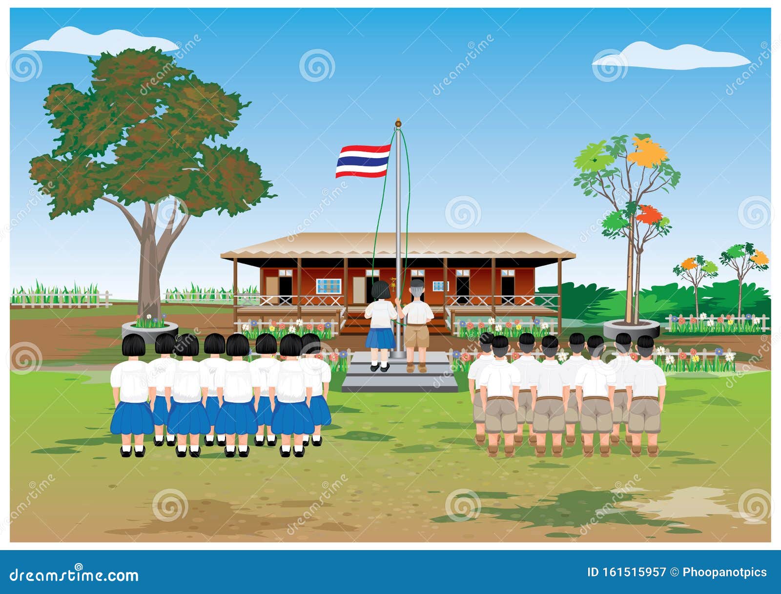 Many Student Standing Respect in Front of Flag Stock Vector ...