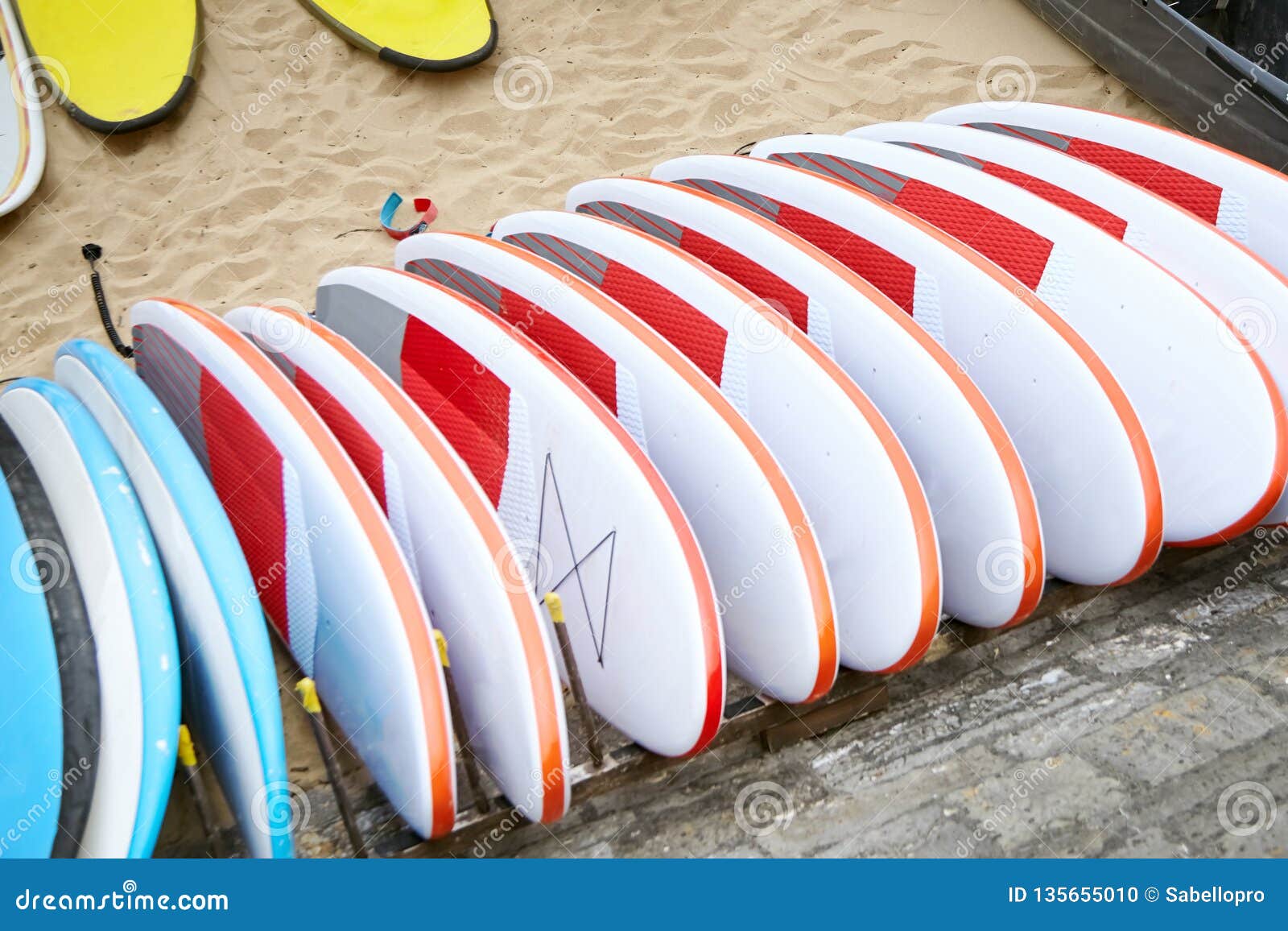 Many Surfboards on the Sandy Beach Stock Photo - Image of sport, summer ...